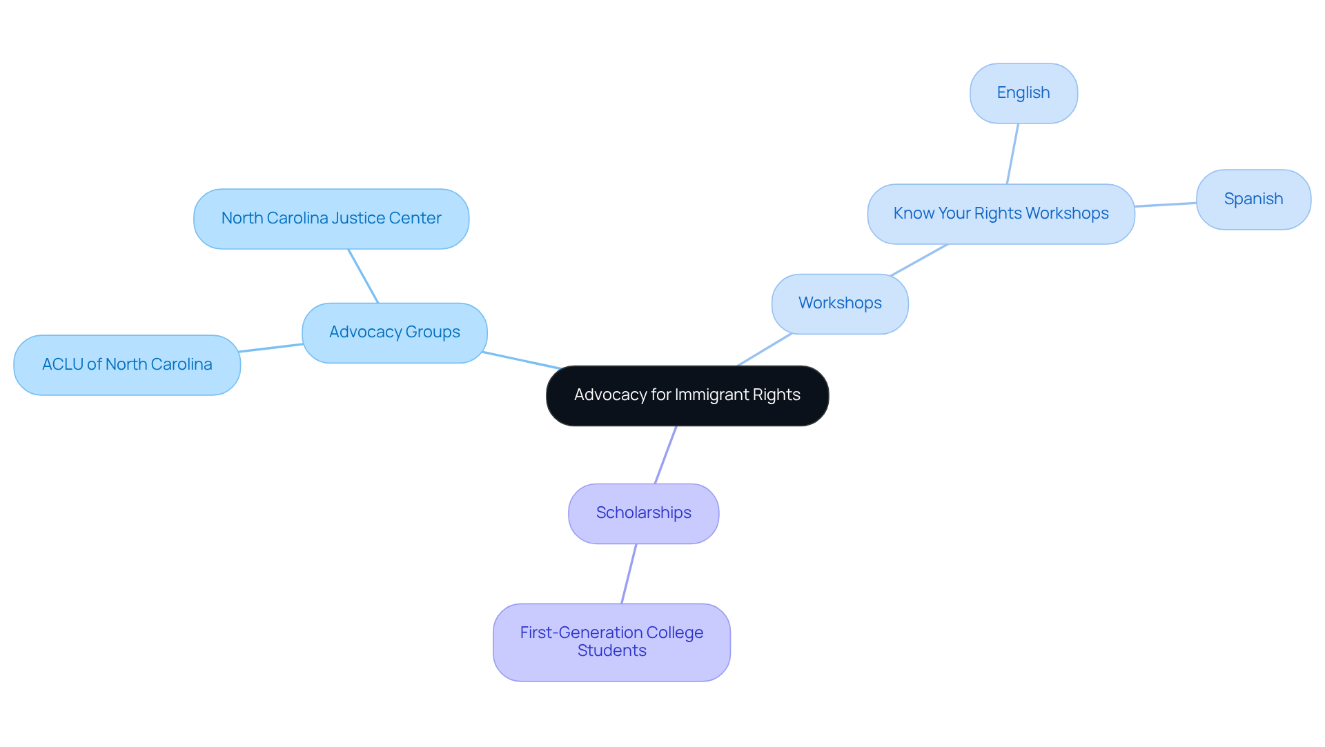 The central node represents the main theme of advocacy for immigrant rights. Each branch shows different aspects of this engagement, such as groups involved, educational workshops, and scholarship opportunities. Follow the branches to see how these elements connect and contribute to the overall mission.