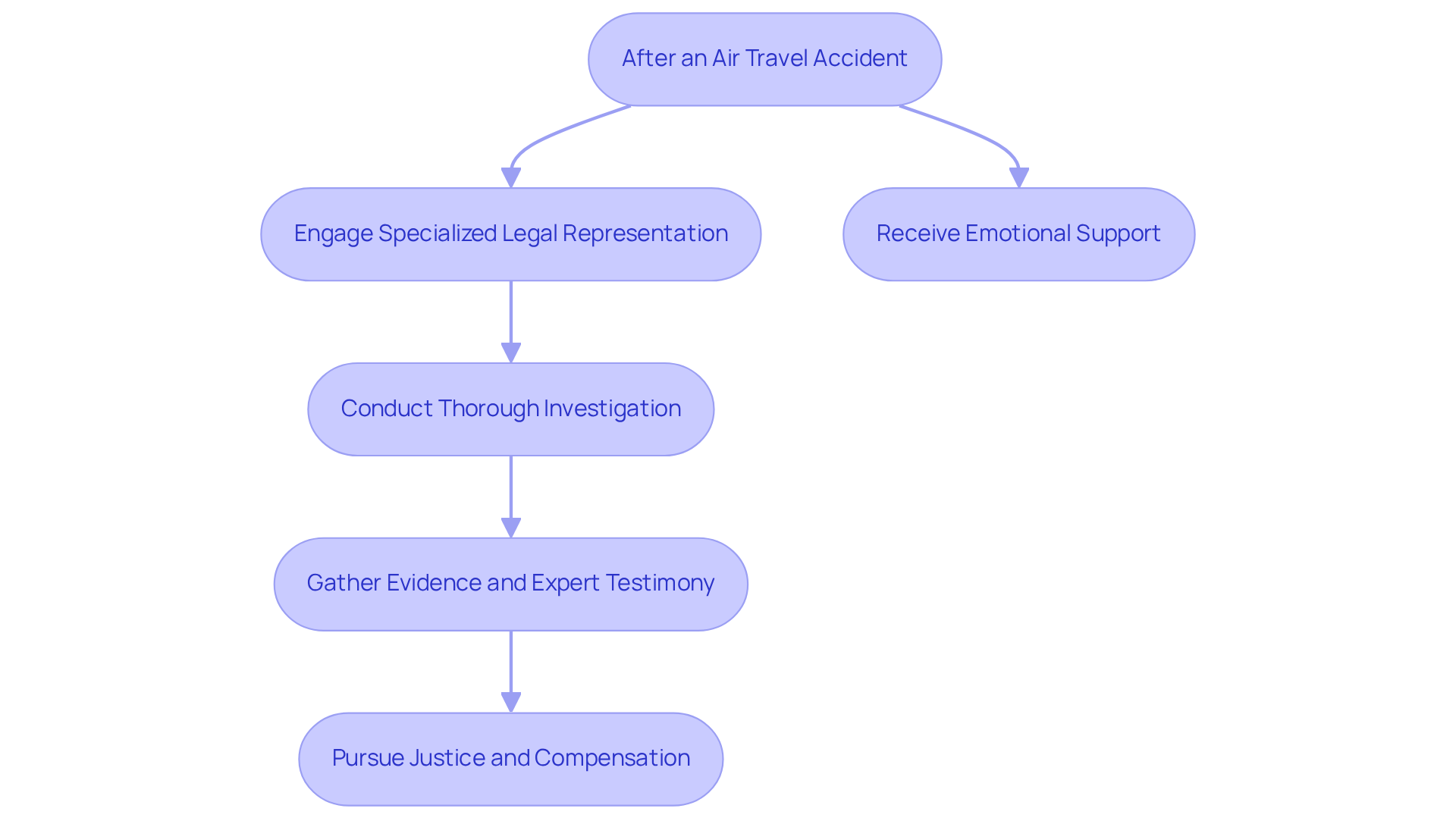 This flowchart shows the journey of an aviation accident victim. Start at the top and follow the arrows down to see each step you should take, from getting legal help to pursuing justice. Each box represents an important action or support you can receive along the way.