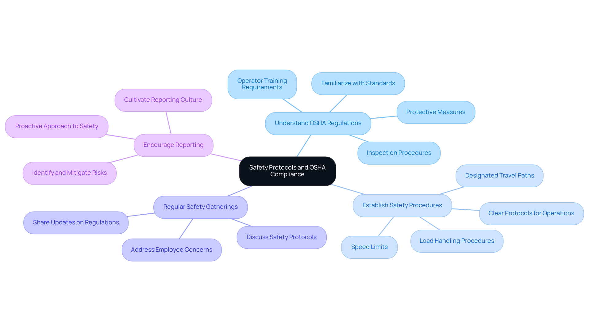 The central node represents the overall theme of safety protocols. Each branch shows a key area of focus, with further details on actions or practices that support safety and compliance.