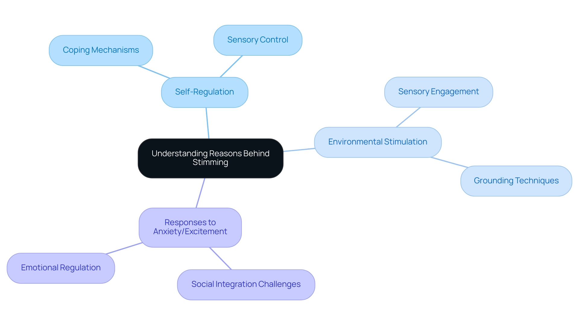 The central node represents the overall understanding of stimming, with branches showing the primary motivations and their subcategories.