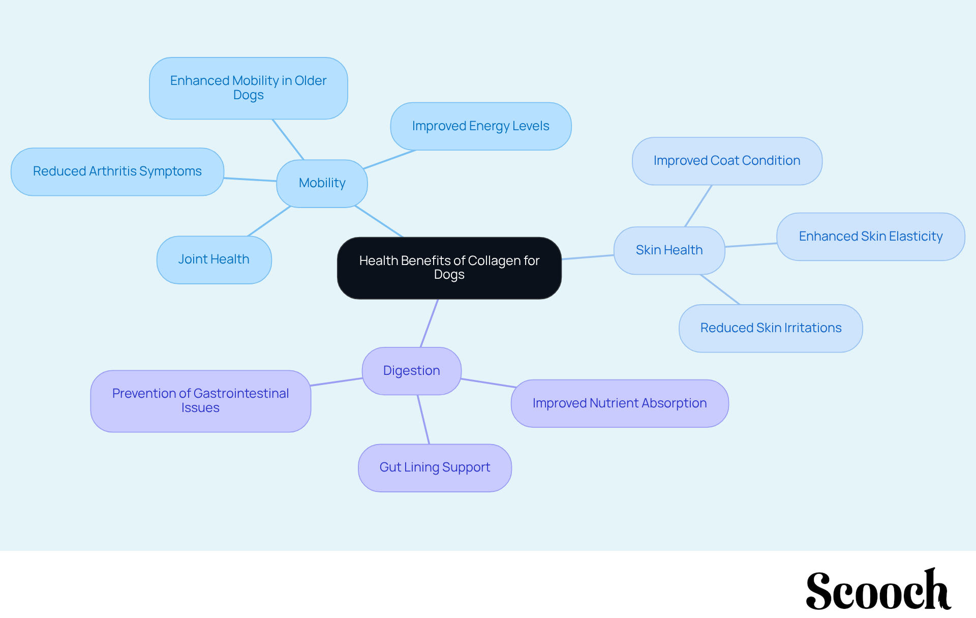 Start at the center with the main idea about collagen's benefits, then follow the branches to explore how it helps with mobility, skin health, and digestion. Each branch shows specific advantages that contribute to your dog's overall well-being.