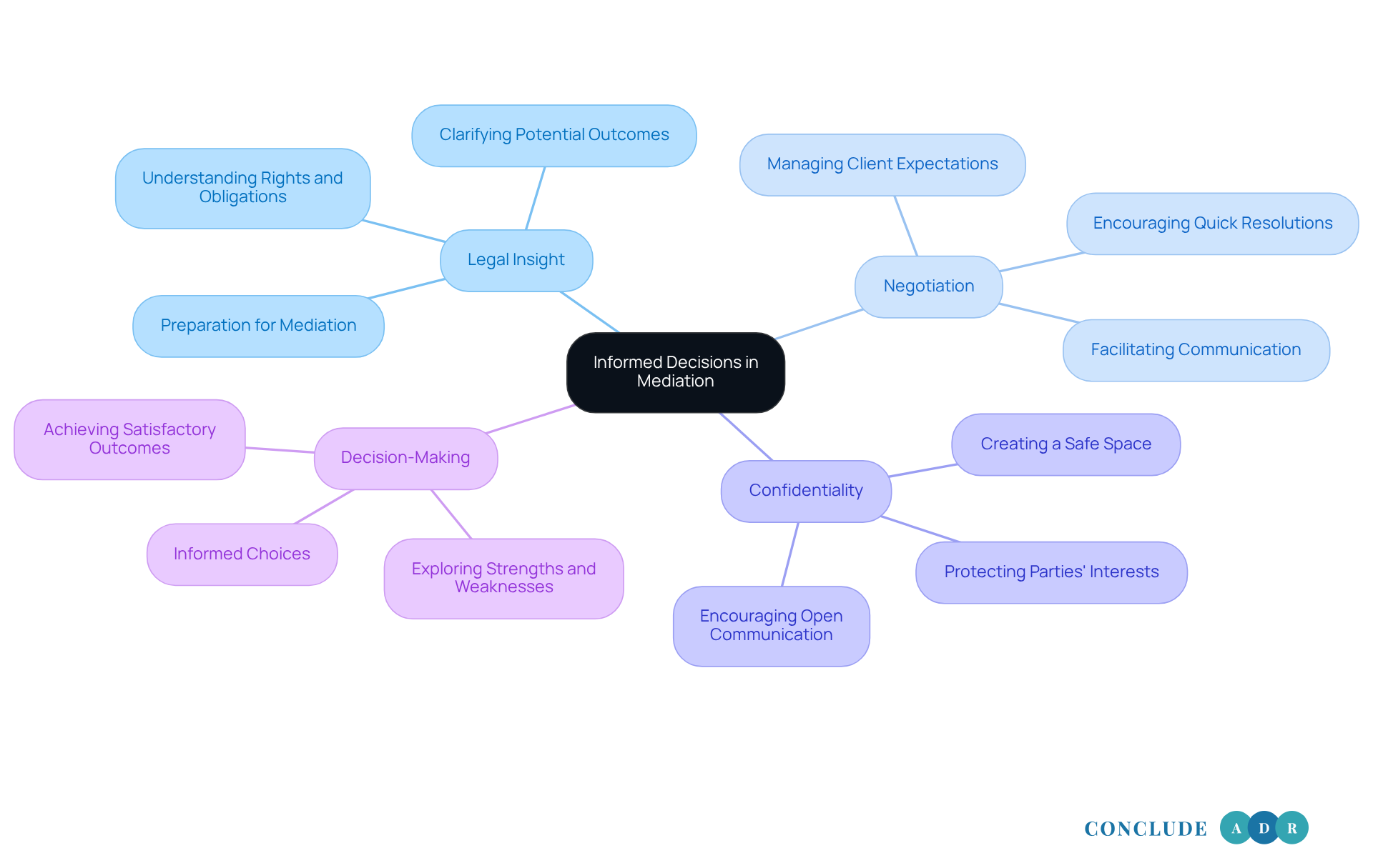 The central node represents the overall theme of informed decision-making in mediation, while the branches explore specific areas that contribute to this understanding. Each branch shows how attorney mediators assist in navigating these complex topics.