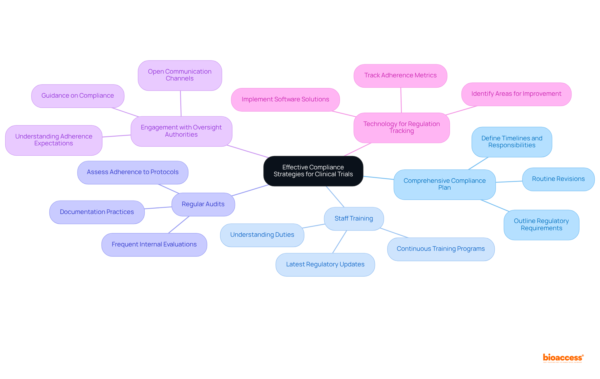 Begin at the center with the main compliance theme, then explore each branch for specific strategies. Each branch shows a different practice, helping you understand how they all contribute to effective compliance.