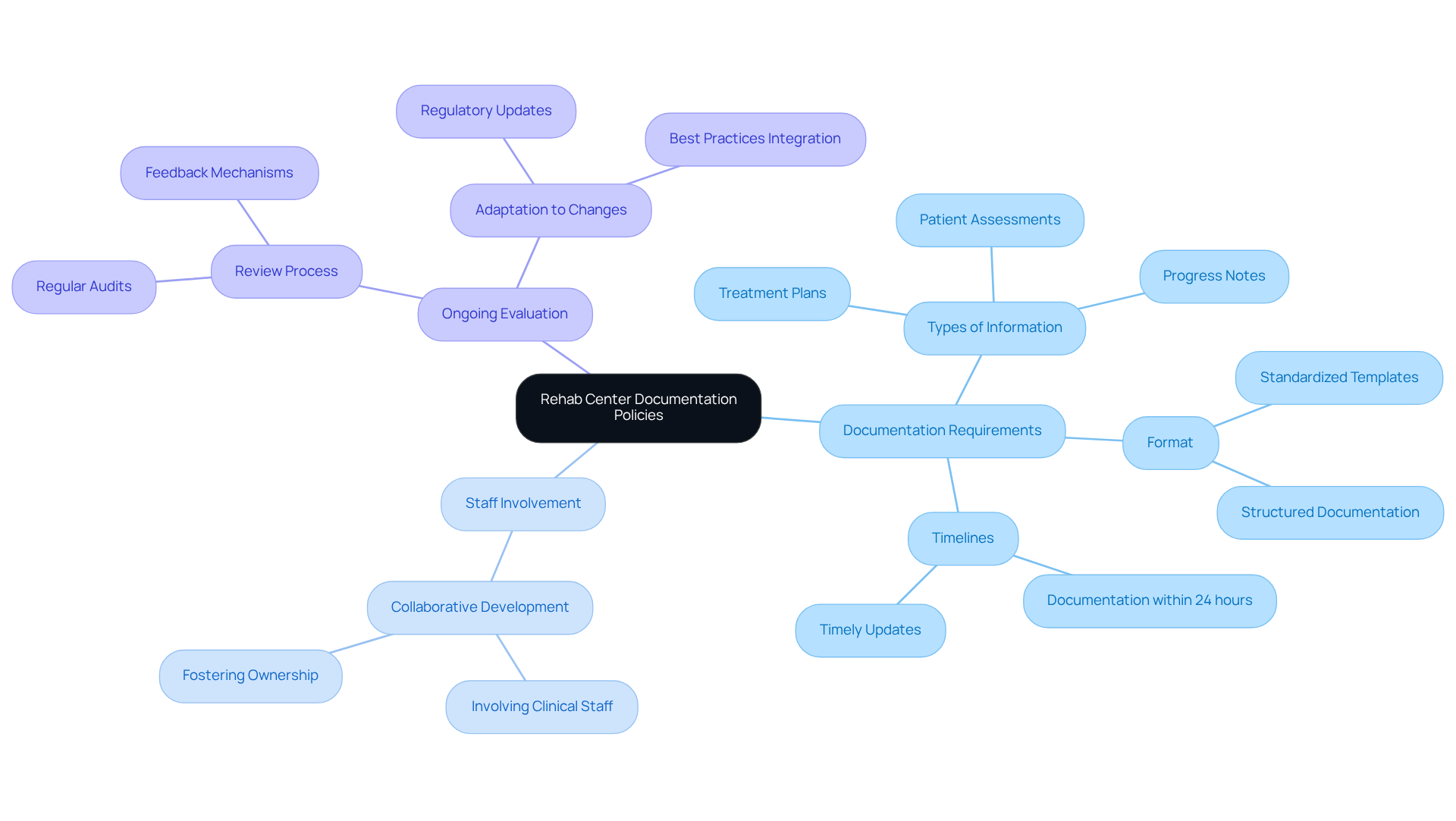 Start at the center with the main topic of documentation policies, then explore the branches to see the specific requirements, the role of staff, and the importance of ongoing evaluation.