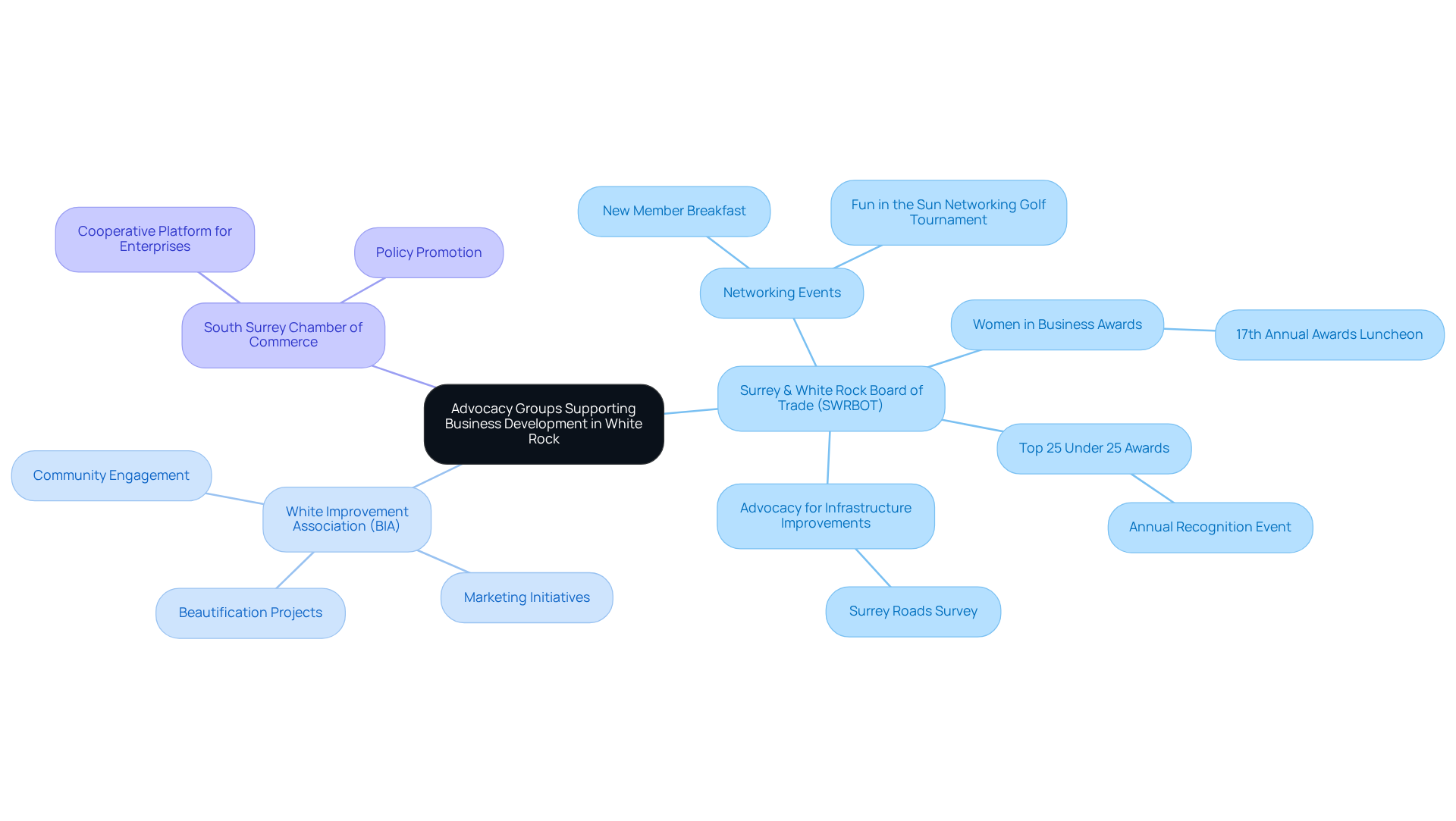 The central node represents the main topic, while each branch shows a different advocacy group. The sub-branches detail their specific contributions and initiatives, helping you see how they work together to support local businesses.