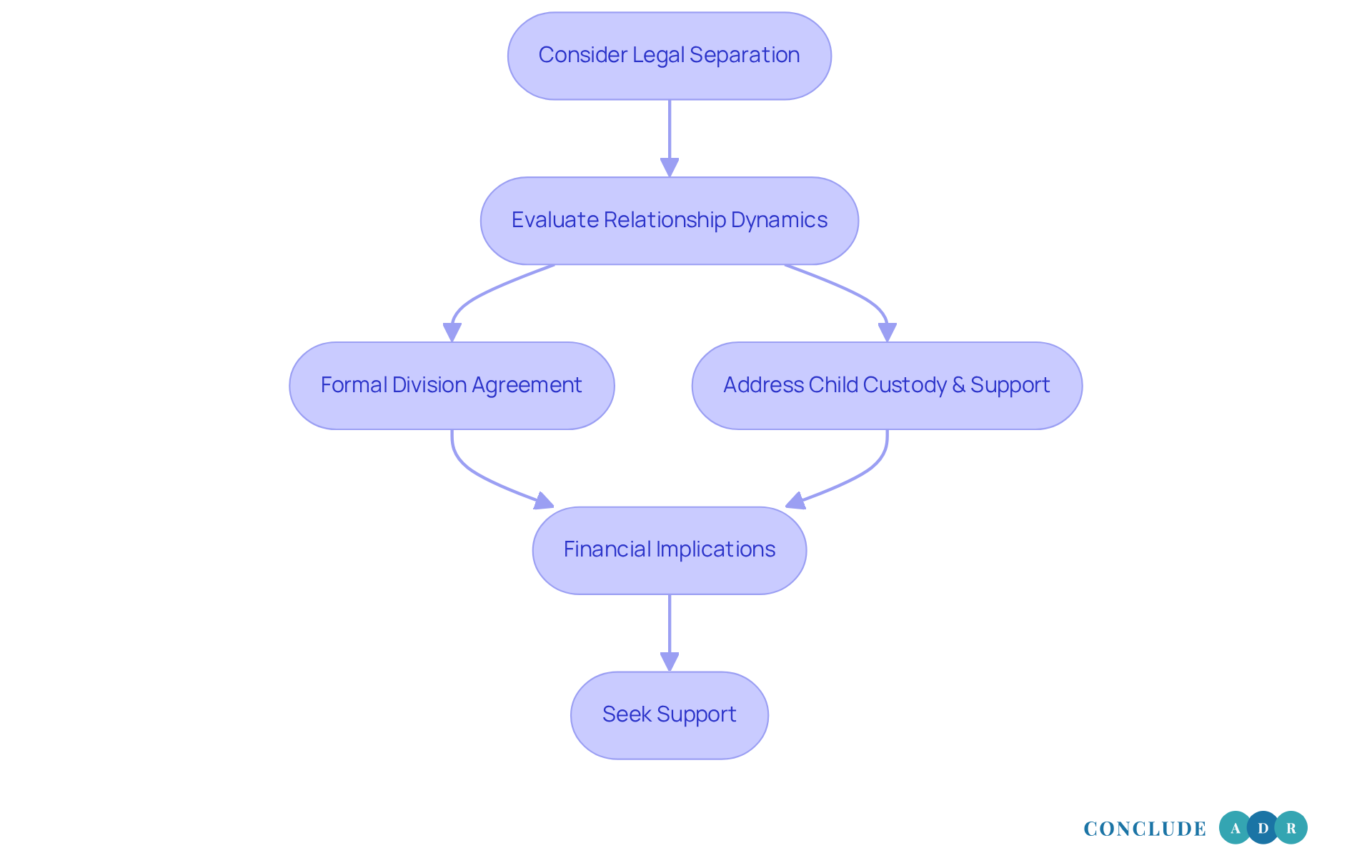 Each box represents a key step or consideration in the legal separation process. Follow the arrows to see how partners navigate their options and decisions along the way.
