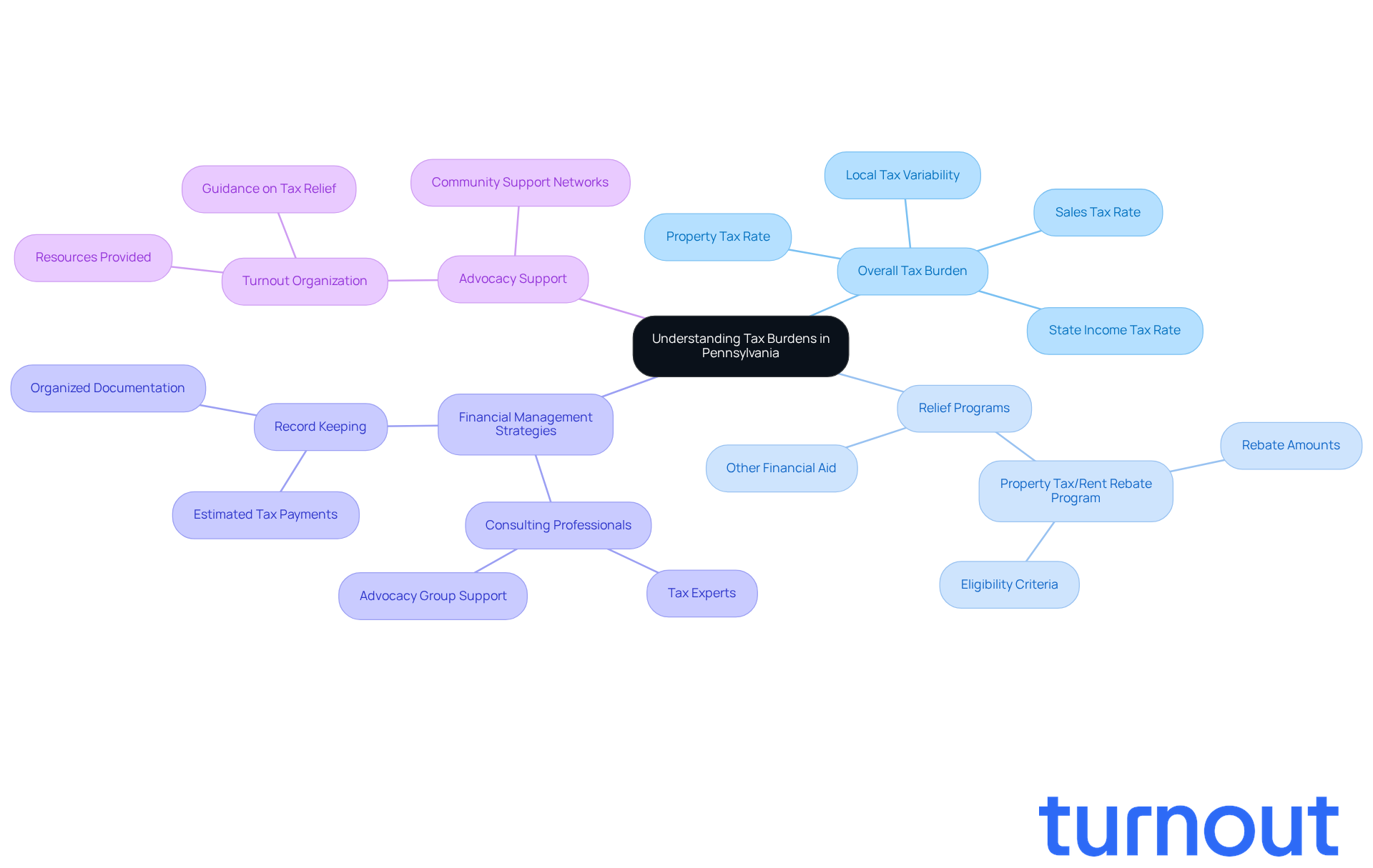 The central node represents the main topic, while the branches show different aspects of tax burdens and support available for disabled residents. Each color-coded branch helps you navigate through the various themes and understand how they relate to one another.