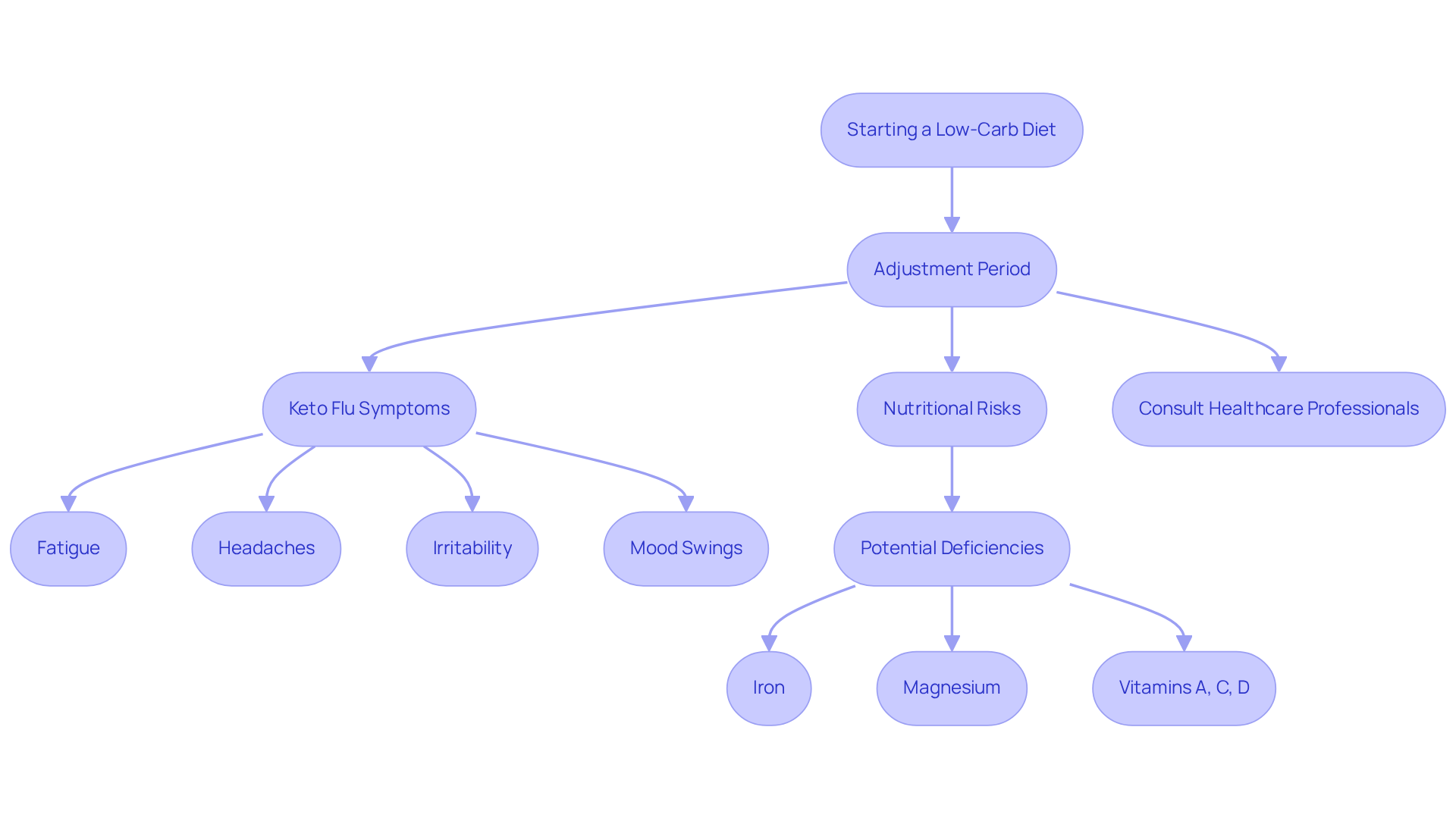 This flowchart outlines the journey of starting a low-carb diet. It shows the adjustment period with its symptoms and highlights the nutritional risks involved. The final step emphasizes the importance of consulting healthcare professionals to ensure a safe and healthy approach.