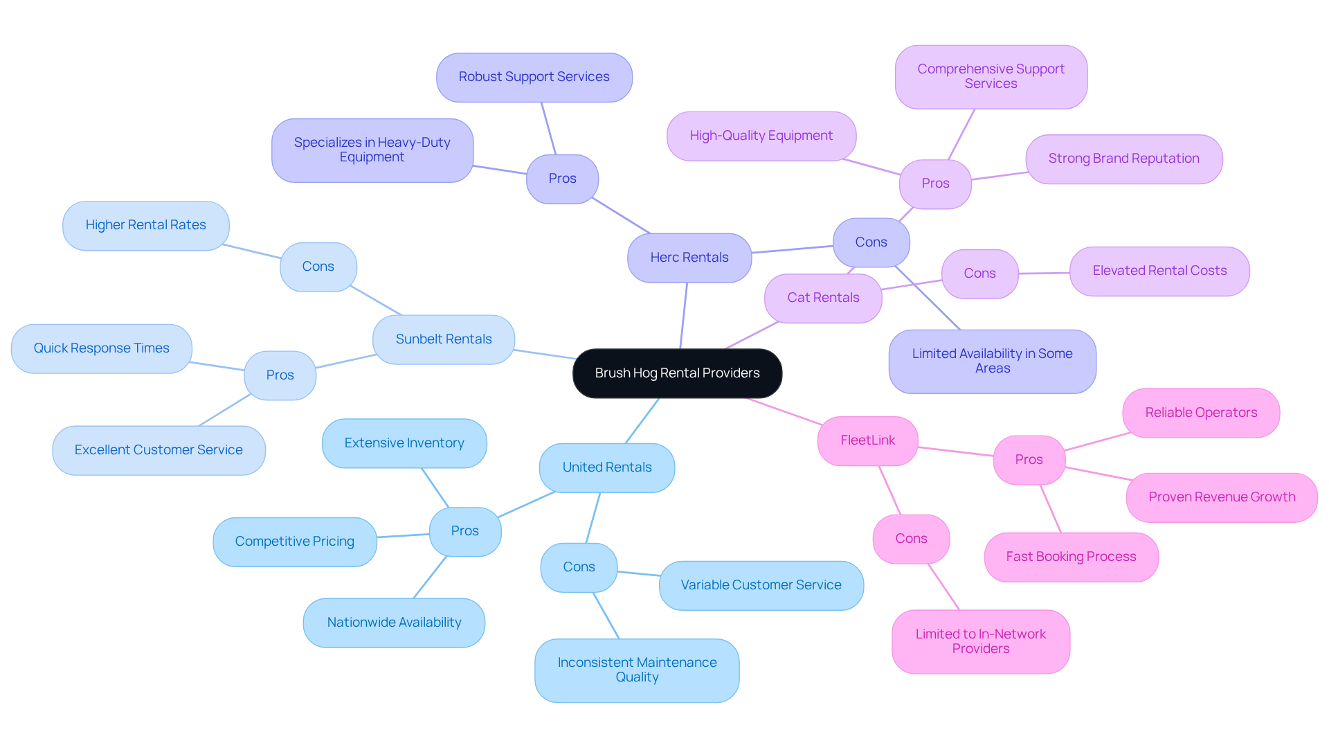 The central node represents the overall topic, while each branch shows a different rental provider. The pros and cons under each provider help you quickly see what they offer and what their drawbacks are.