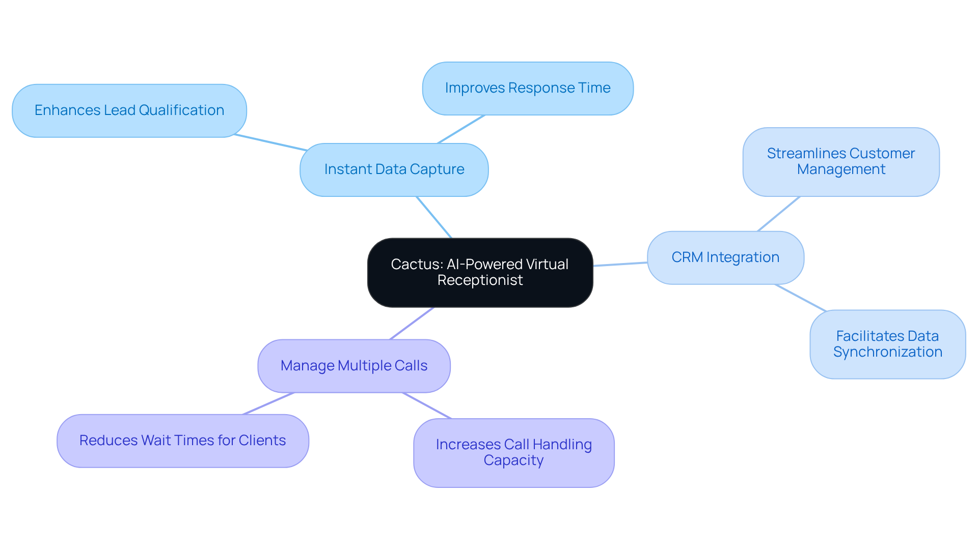 The center shows the main product, Cactus, and the branches represent its key features. Each feature connects back to how it helps improve customer engagement and operational efficiency.