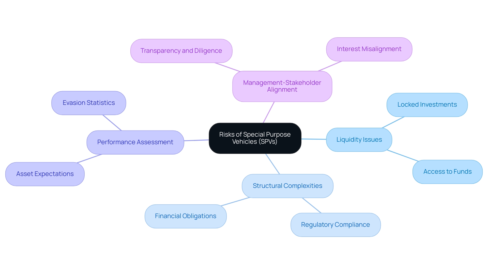 The central node represents the overall risks of SPVs, with branches indicating specific risk categories and their associated subcategories.