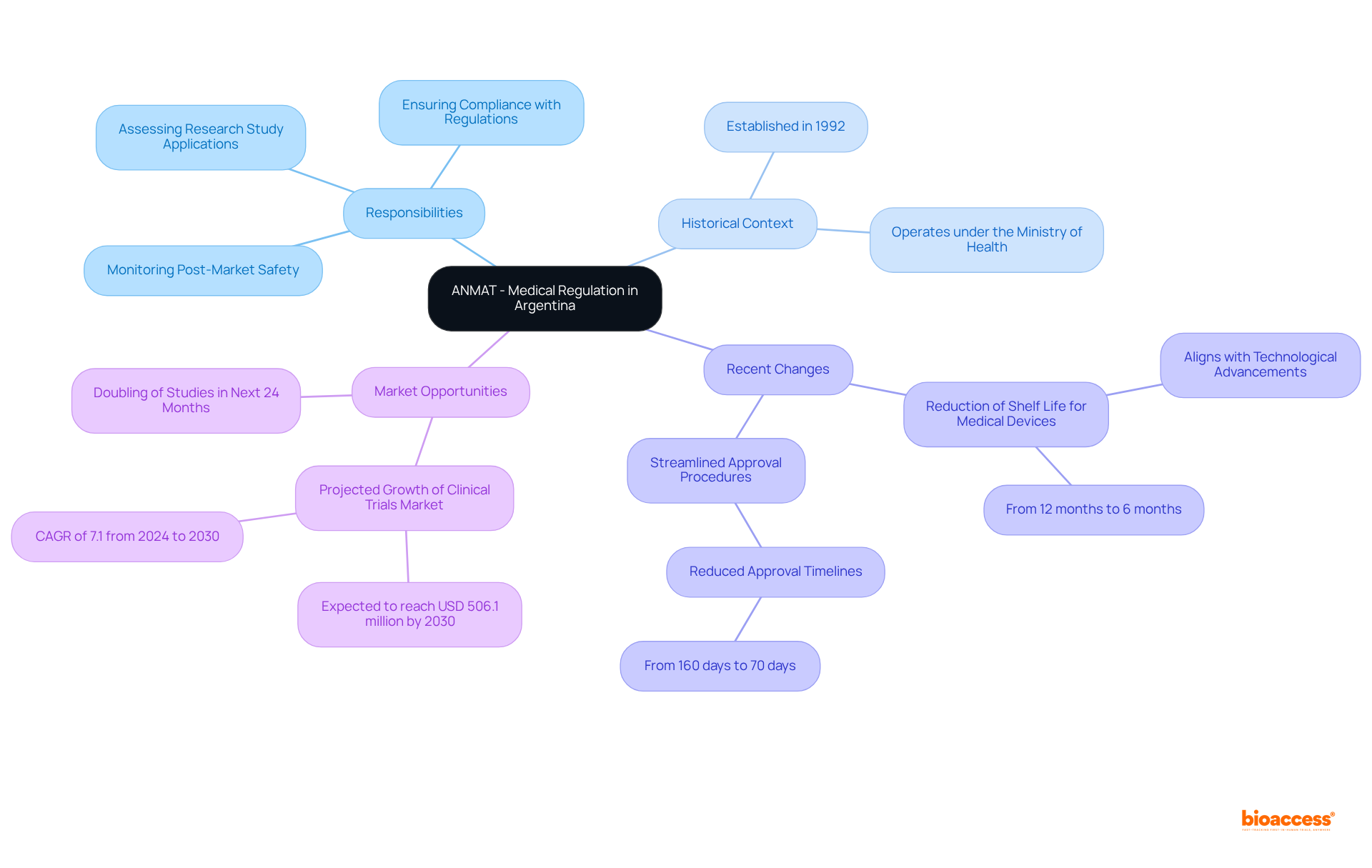 The central node represents ANMAT, with branches showing its key responsibilities and recent changes. Each branch illustrates how these aspects contribute to the regulatory environment and market opportunities in Argentina.