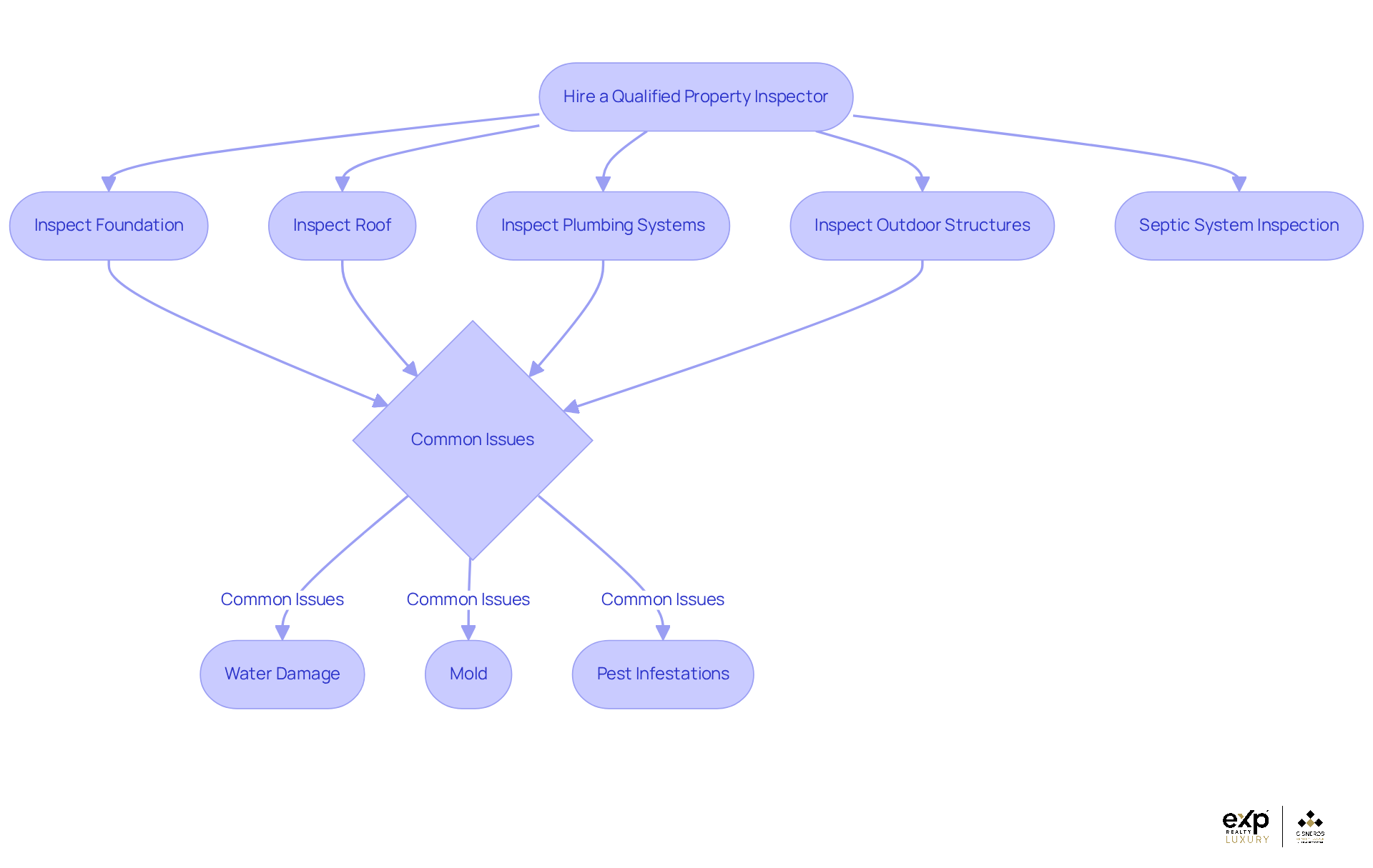 Follow the arrows to see each step in the property inspection process. Each box represents a key action or area to focus on, ensuring you cover all important aspects before making a purchase.