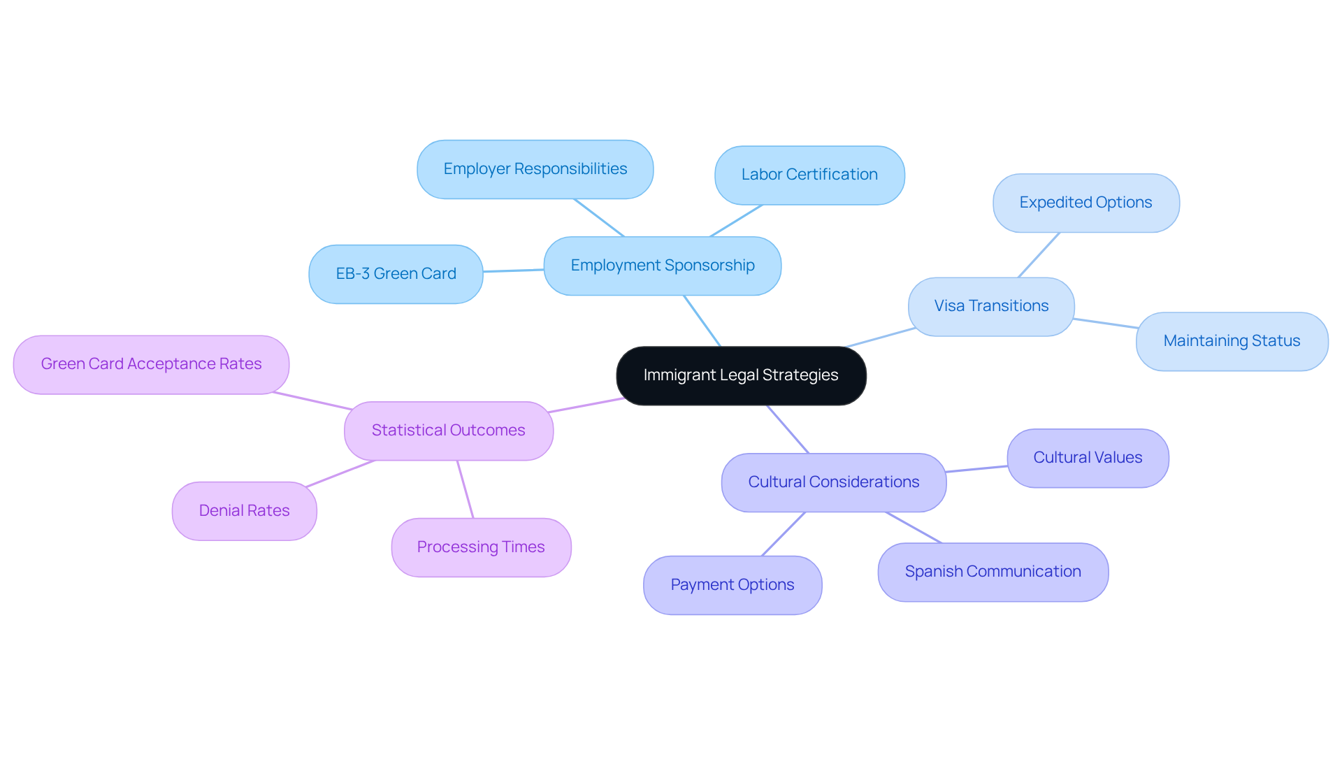 The center represents the main theme of legal strategies for immigrants, with branches showing different focus areas. Each branch highlights a unique aspect of the journey, helping you understand how they connect to the overall goal of achieving successful outcomes.