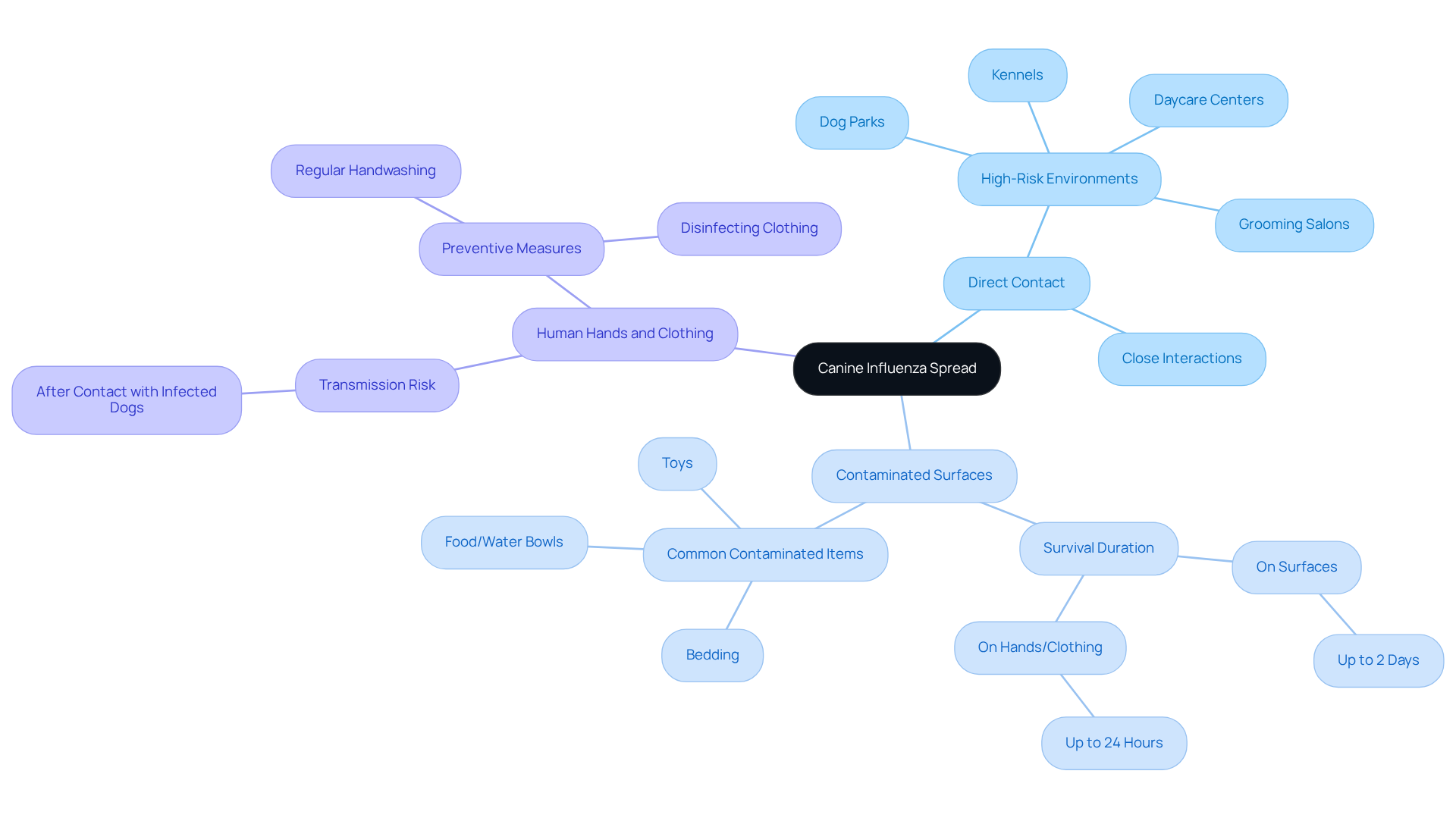 The center represents the main topic of canine influenza spread. The branches show different ways the virus can transmit, and the sub-branches provide further details on each method.