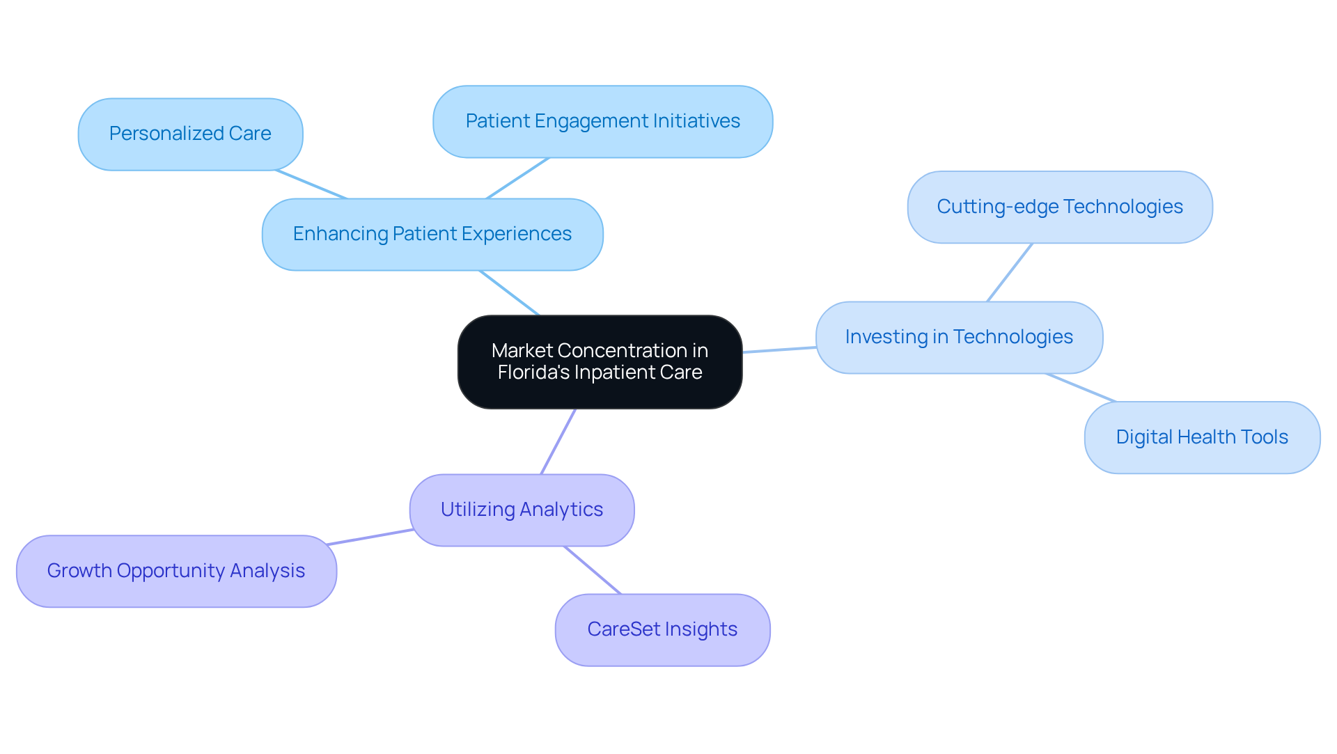 The central idea highlights the issue of market concentration, while branches represent strategies that healthcare systems can use to stand out. Each sub-branch provides actionable insights related to the main strategies.