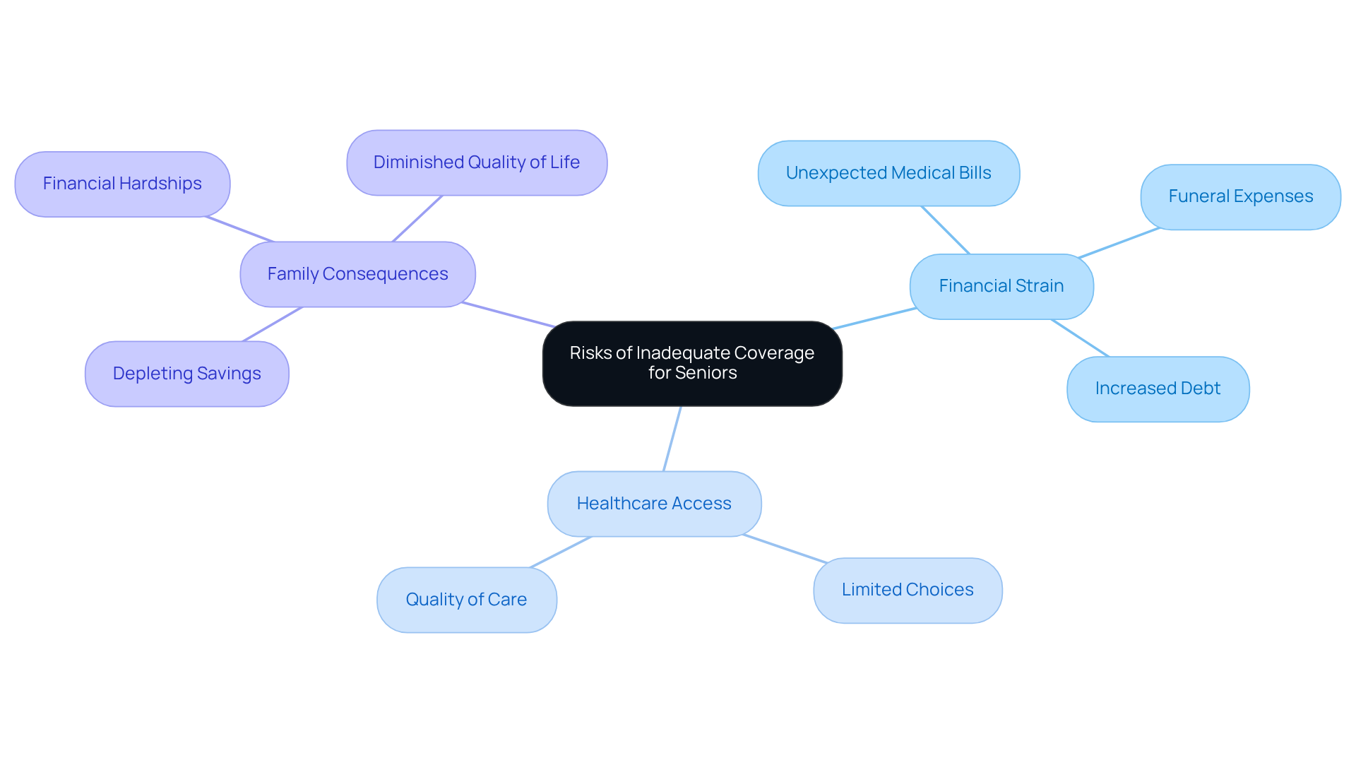 The central node represents the main issue, while the branches show the different risks and consequences. Each color-coded branch helps you see how these risks are interconnected and what specific challenges seniors may face.