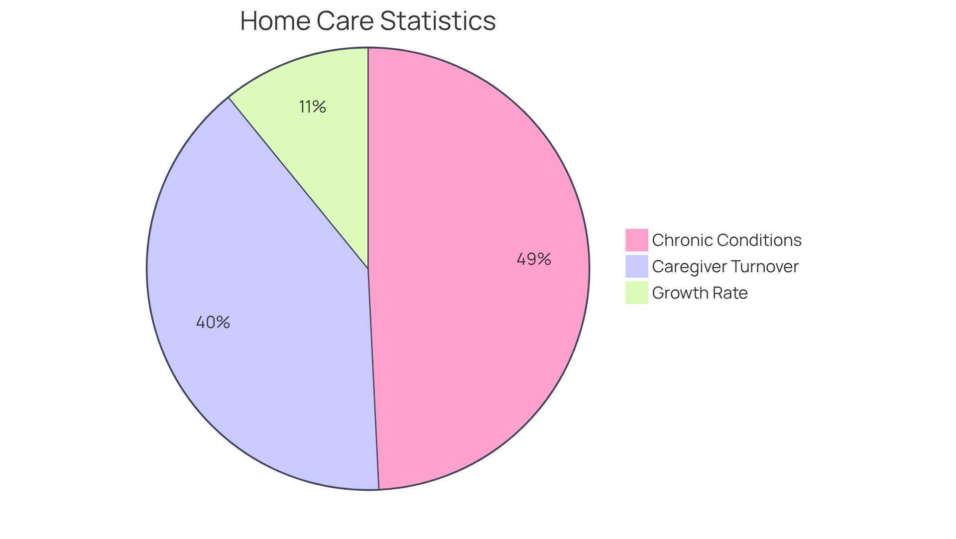 Each segment of the pie chart shows an important statistic in home health care. The bigger the slice, the more significant the issue — for instance, 95% represents the many older adults managing chronic conditions, while the 21% slice shows the expected growth in the sector over the next decade.