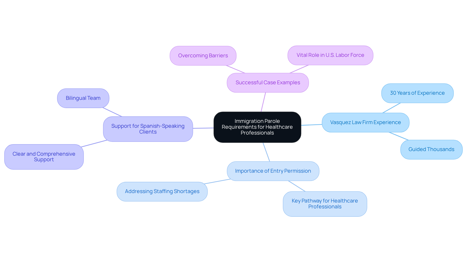The central node represents the main topic, while the branches show different aspects of the immigration process and the support available. Each branch connects to specific details, helping you see how everything relates to the main theme.