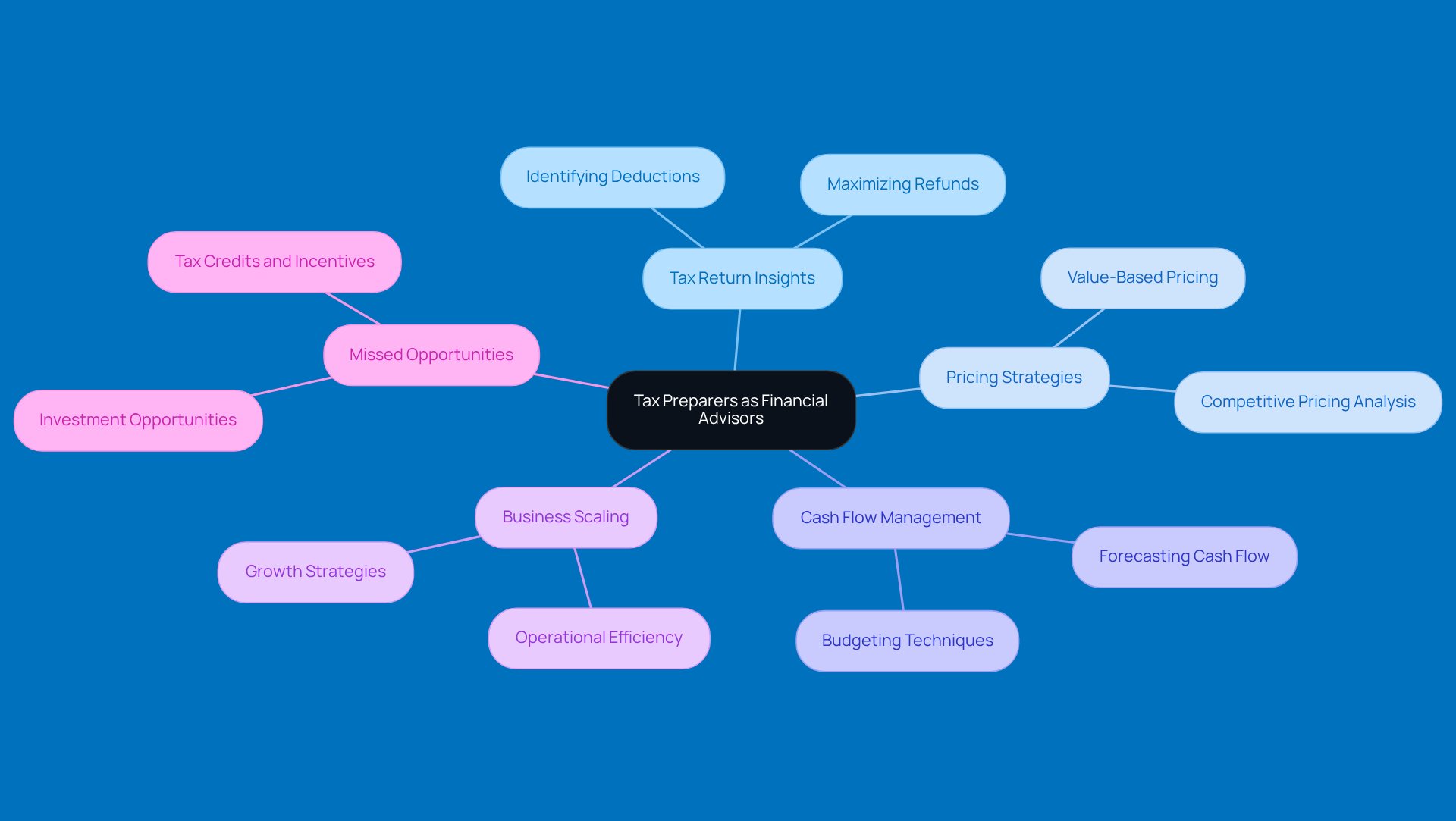 This mindmap shows how tax preparers do more than just prepare your taxes. Each branch represents a different area where they can help you improve your financial situation. Follow the branches to see how they connect and what specific advice you can get! This mindmap shows how tax preparers do more than just prepare your taxes. Each branch represents a different area where they can help you improve your financial situation. Follow the branches to see how they connect and what specific advice you can get!