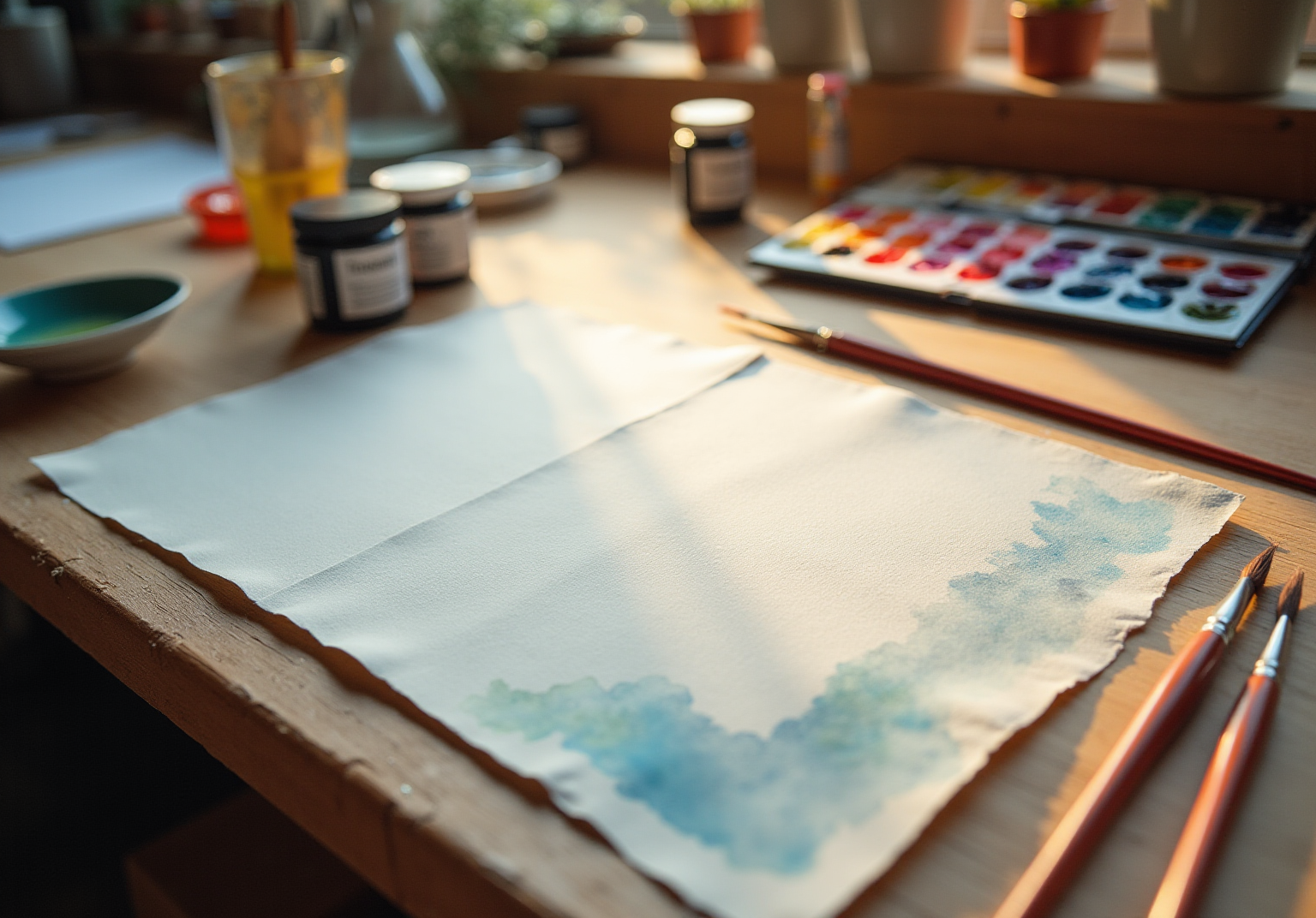 Creative Workspace with Watercolor Paper Creative Workspace with Watercolor Paper