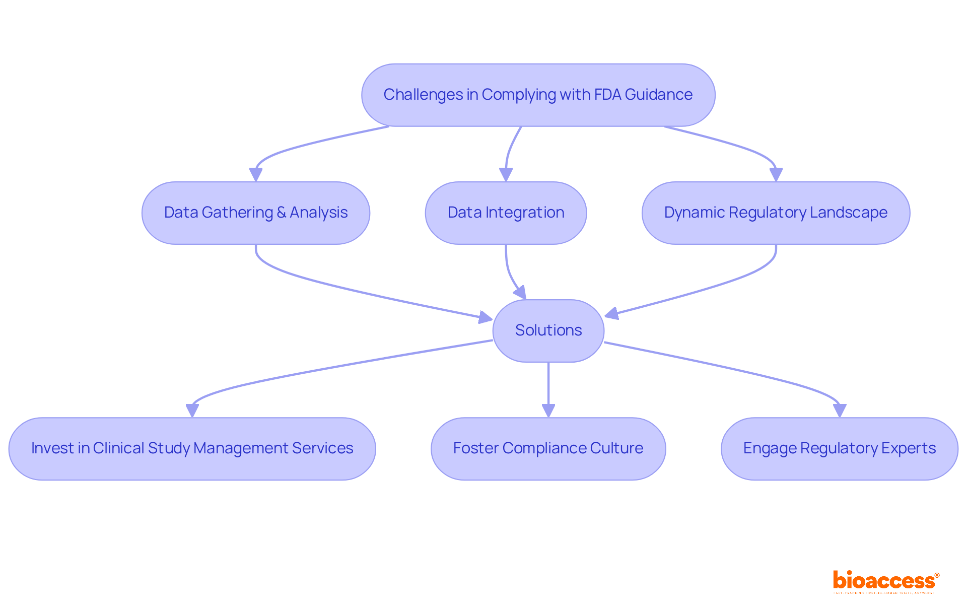 This flowchart illustrates the challenges faced by companies in complying with FDA guidelines and the solutions that can help tackle these issues. Follow the arrows to see how each challenge connects to its corresponding solution.