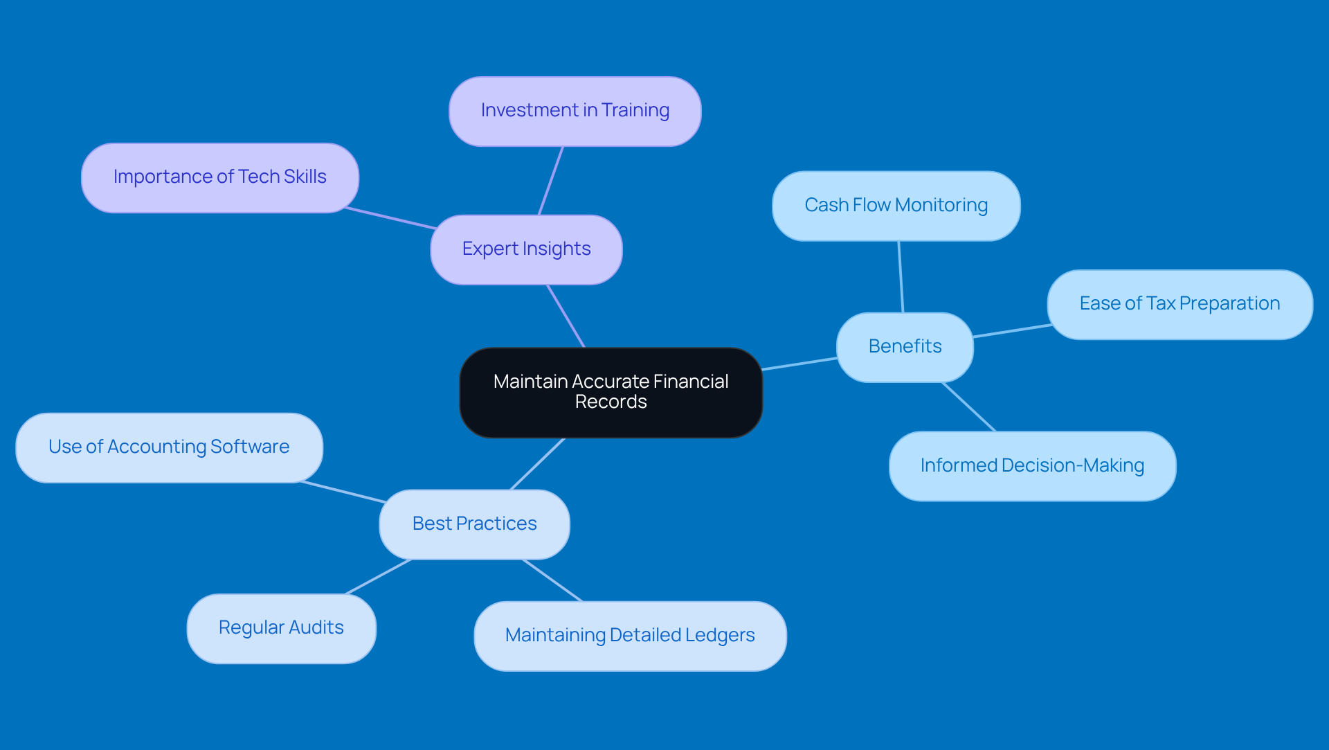 The center shows the main topic, while branches represent benefits, practices, and expert insights. Each branch helps you understand how to maintain accurate financial records effectively.