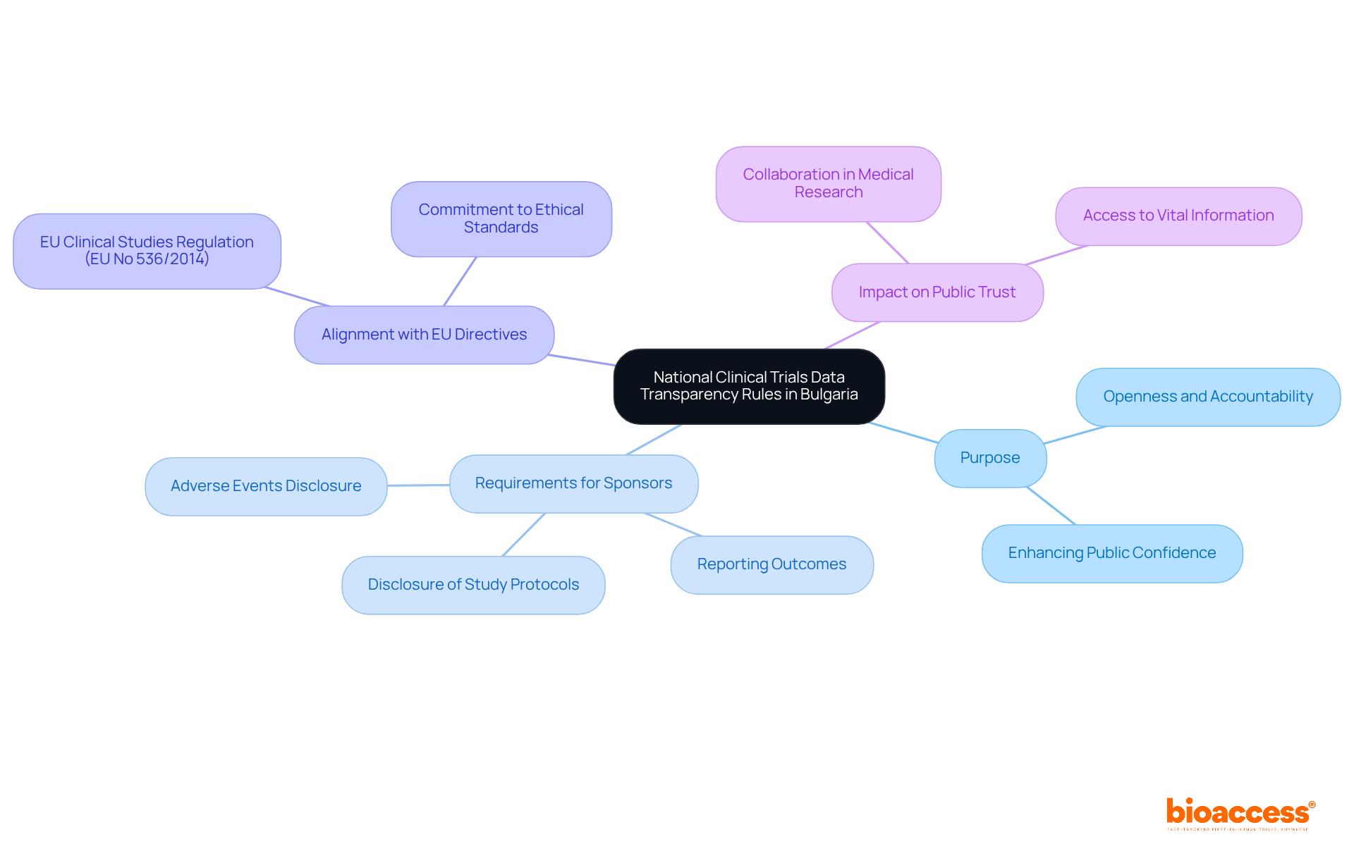 The central node represents the main topic, while the branches illustrate key aspects of the transparency rules. Each sub-branch provides more detailed information, helping you understand how these regulations contribute to trust and accountability in medical research.