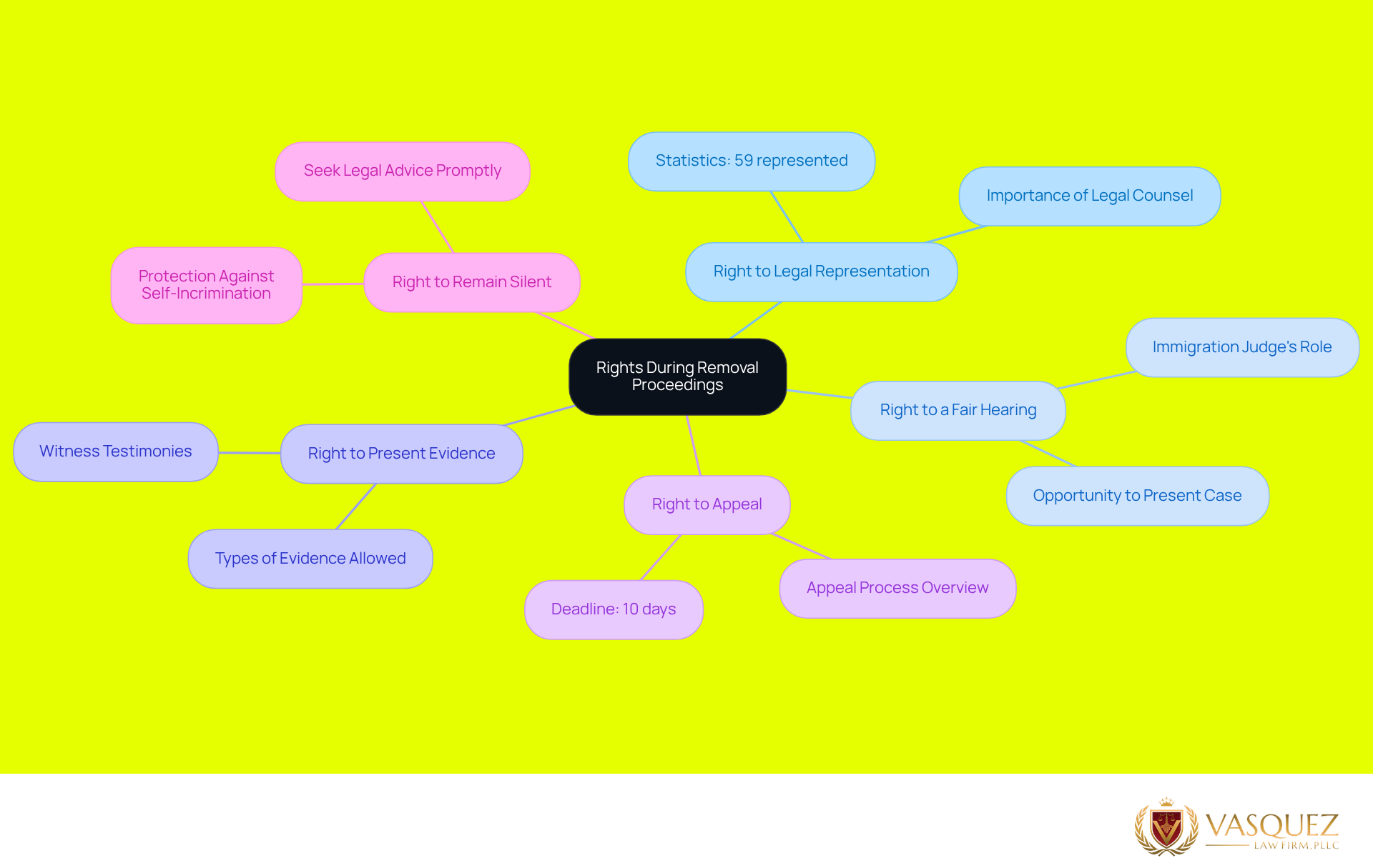 This mindmap shows the essential rights you have during removal proceedings. Start at the center with the main topic, then follow the branches to learn about each specific right. Each branch represents a different right, helping you understand what you can do to protect yourself and your family.