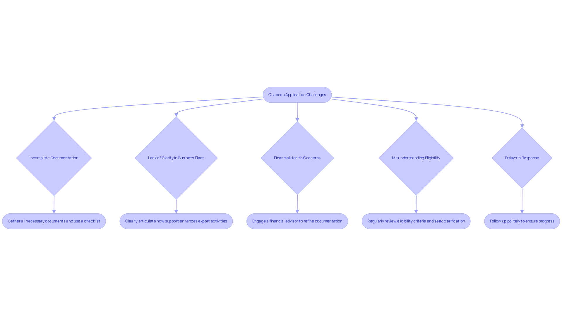 Each branch represents a challenge SMEs may face when applying for export finance. Follow the arrows to see the recommended strategies for overcoming each challenge.