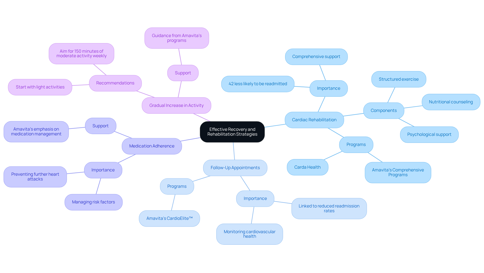 The central node represents the overall goal of recovery, while each branch shows a key strategy. Sub-branches provide additional details and insights, helping you see how each strategy contributes to your health journey.