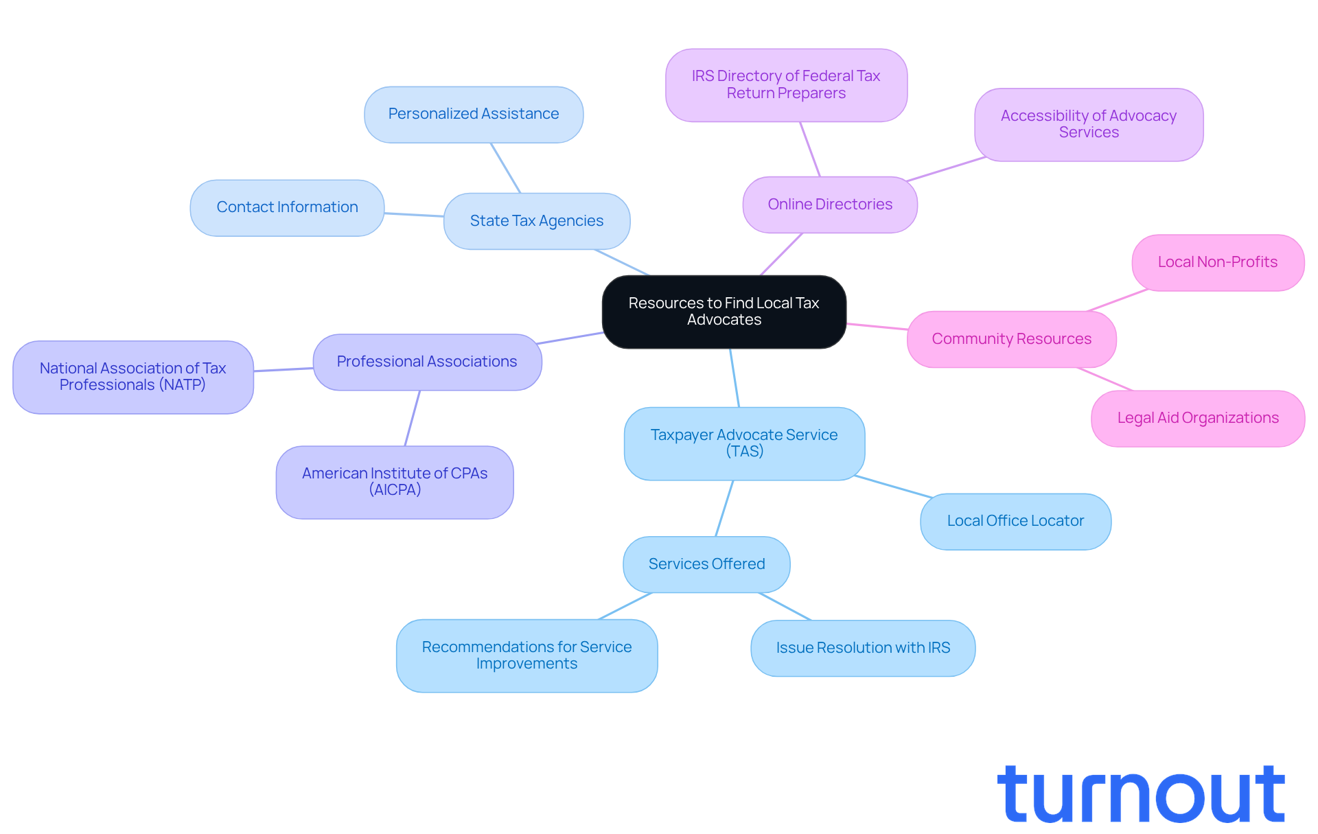 The center shows the main topic, and each branch represents a different resource type. Follow the branches to discover specific organizations and services that can help you with tax issues.