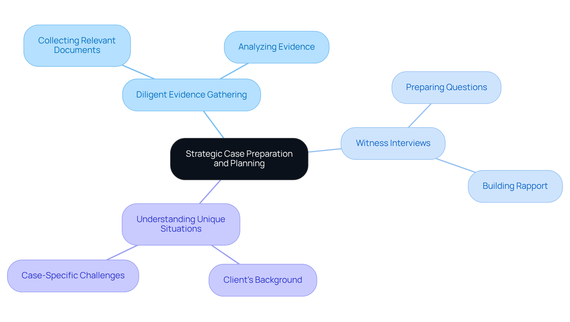 The center represents the main theme of strategic preparation in law, while the branches highlight the key actions that support effective advocacy. Follow the branches to see how each part contributes to the overall strategy.