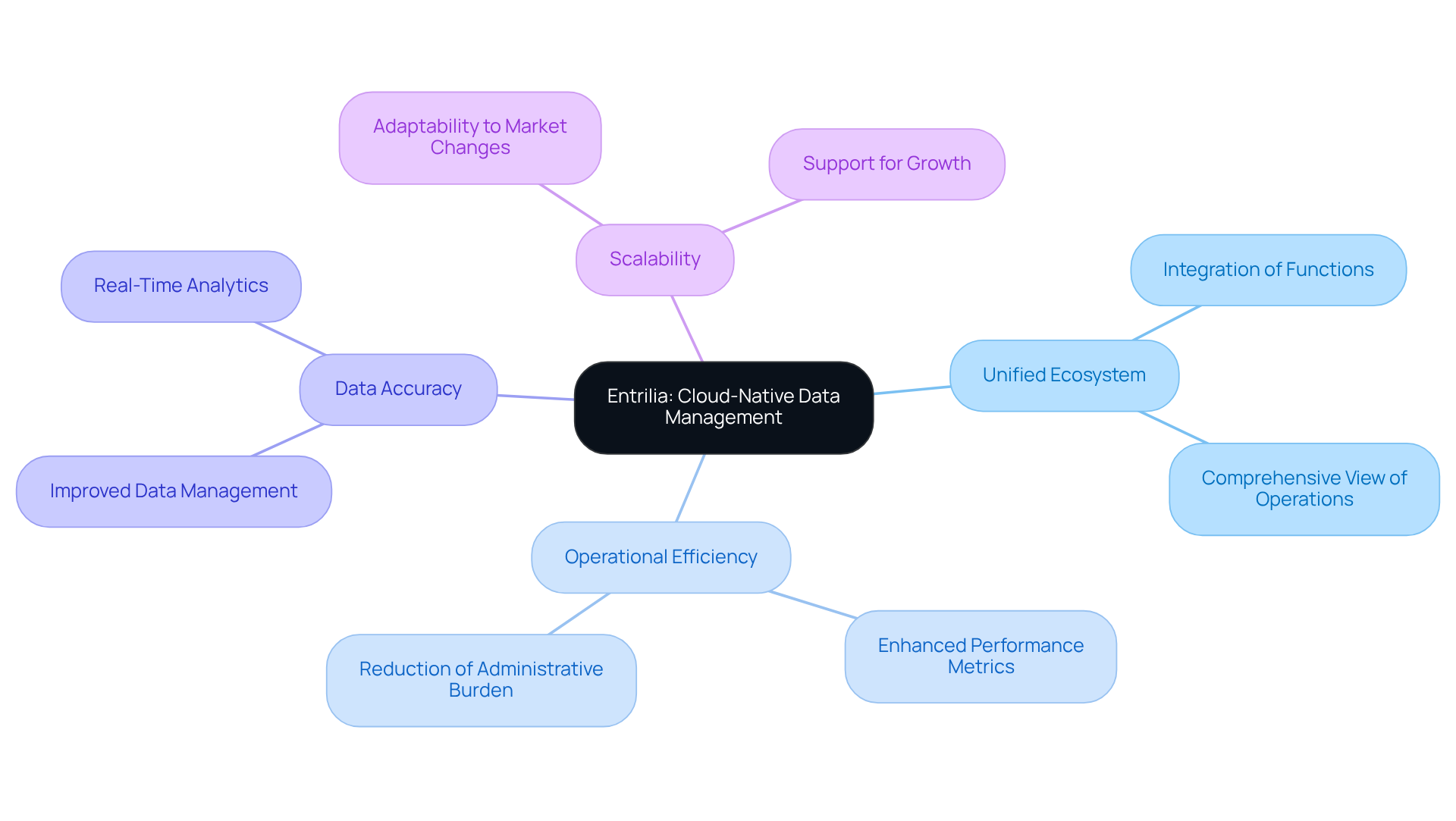 Start at the center with Entrilia's system, then follow the branches to explore how it integrates various functions and improves efficiency, accuracy, and adaptability.