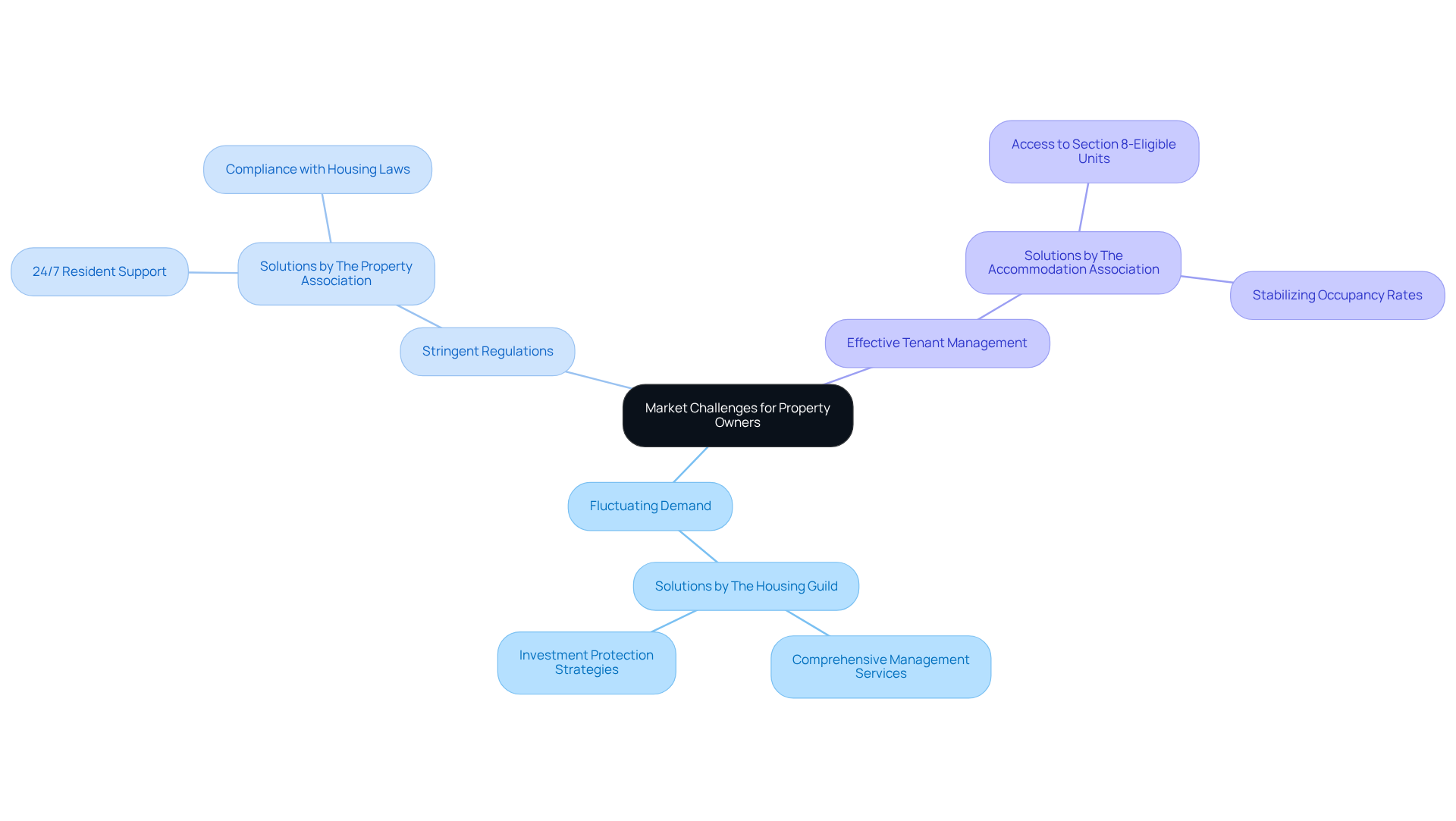 The center represents the main topic of market challenges, with branches showing specific challenges and their corresponding solutions. Each color-coded branch helps you see how different organizations tackle these issues.