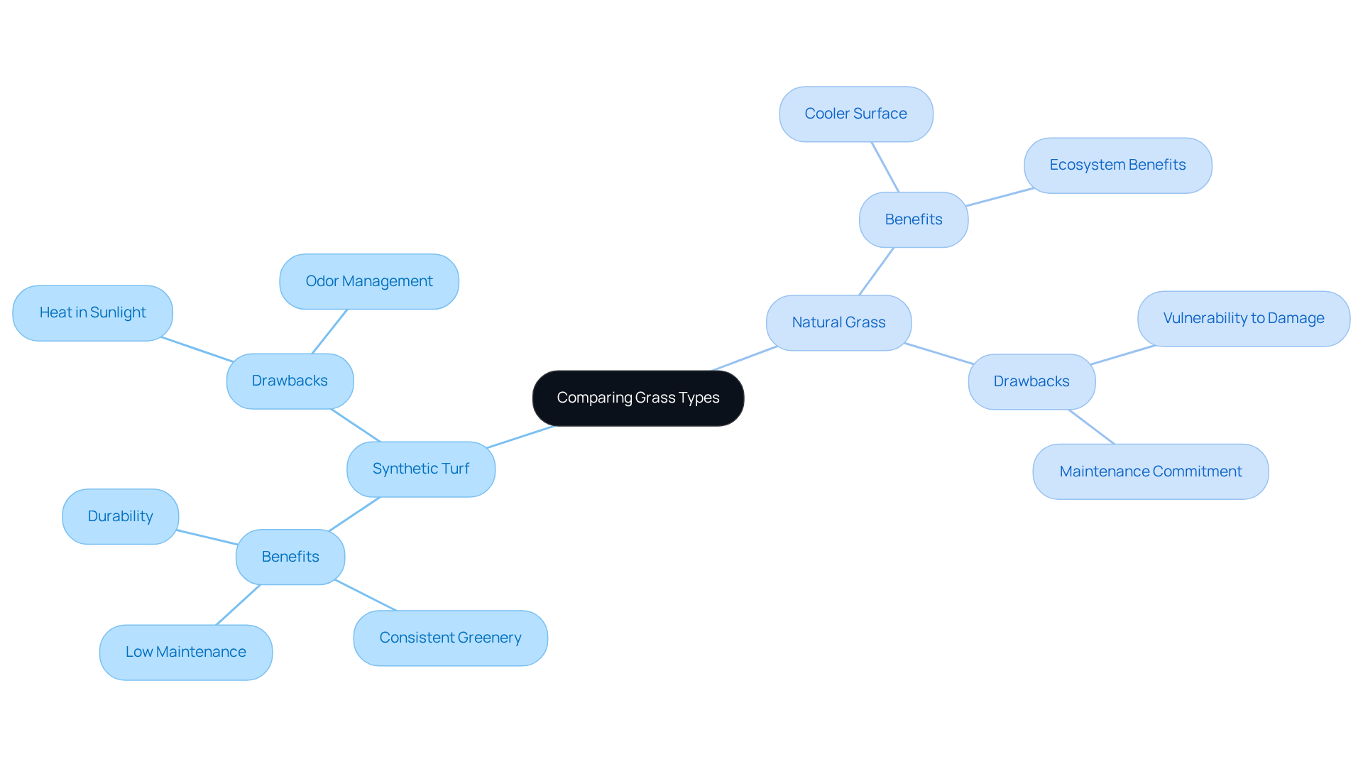 The central node represents the comparison topic. Each main branch shows a type of grass, with sub-branches detailing its benefits and drawbacks. This layout helps you quickly see what each option offers and what challenges it presents.
