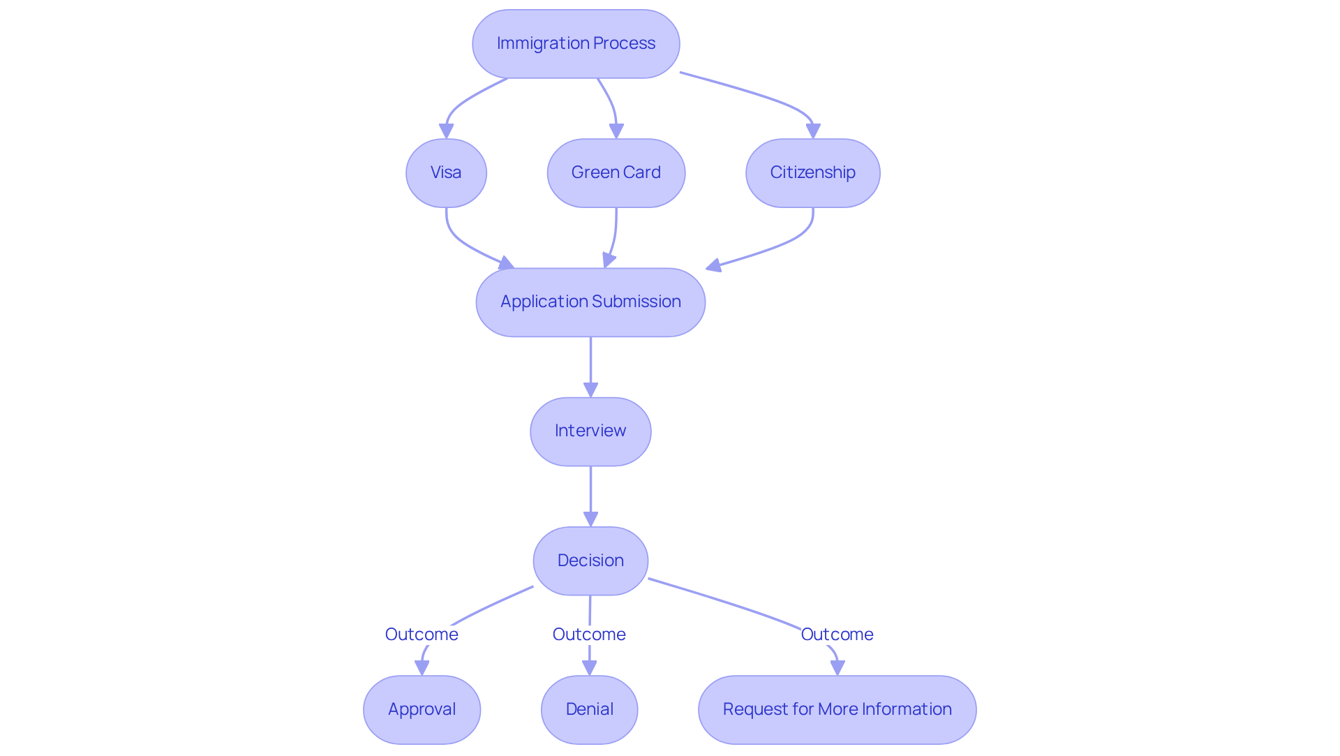 This flowchart guides you through the immigration process. Start at the top with the main process, then follow the arrows to see the steps for each path (Visa, Green Card, Citizenship) and what outcomes you might expect at the end.