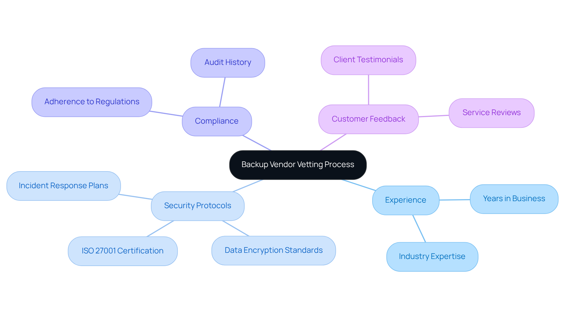 Start at the center with the main vetting process, then explore each branch to see the key factors that help in selecting the right backup vendor.