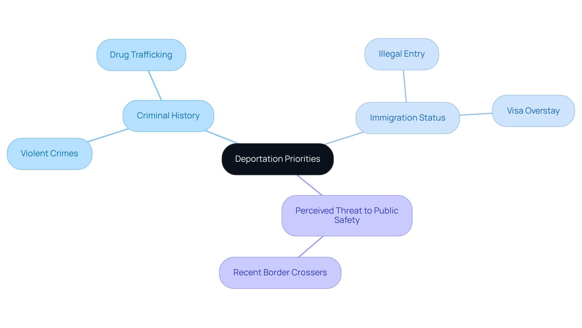 This mindmap shows the main factors that determine who is prioritized for deportation. Each branch represents a different characteristic, and the sub-branches provide more details about specific issues related to that characteristic. Follow the branches to understand how these factors connect to the overall theme of deportation risks.