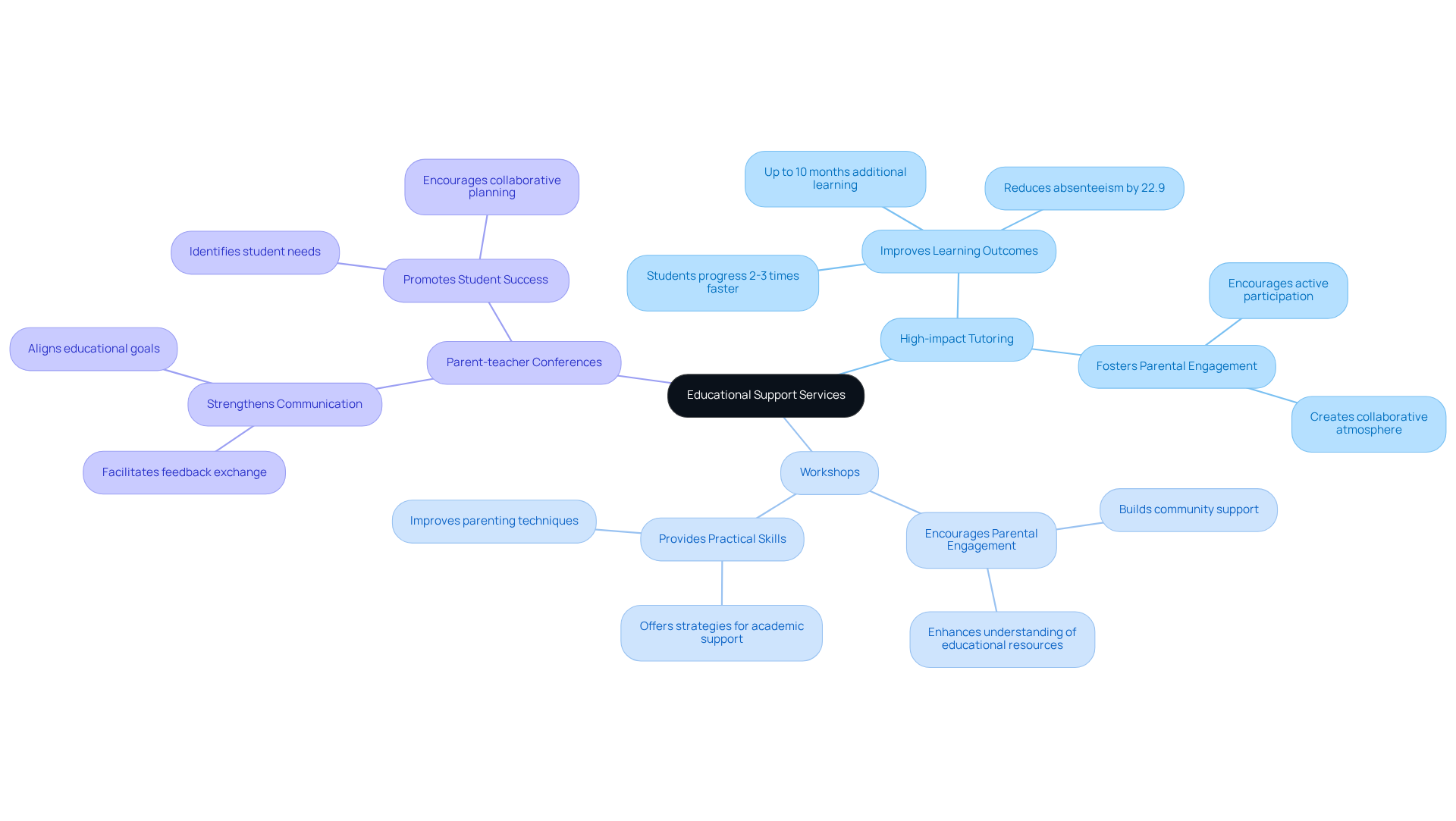 The central node represents the main theme of educational support services. Each branch shows a specific program, and the sub-branches highlight the benefits and impacts of these services on academic success.