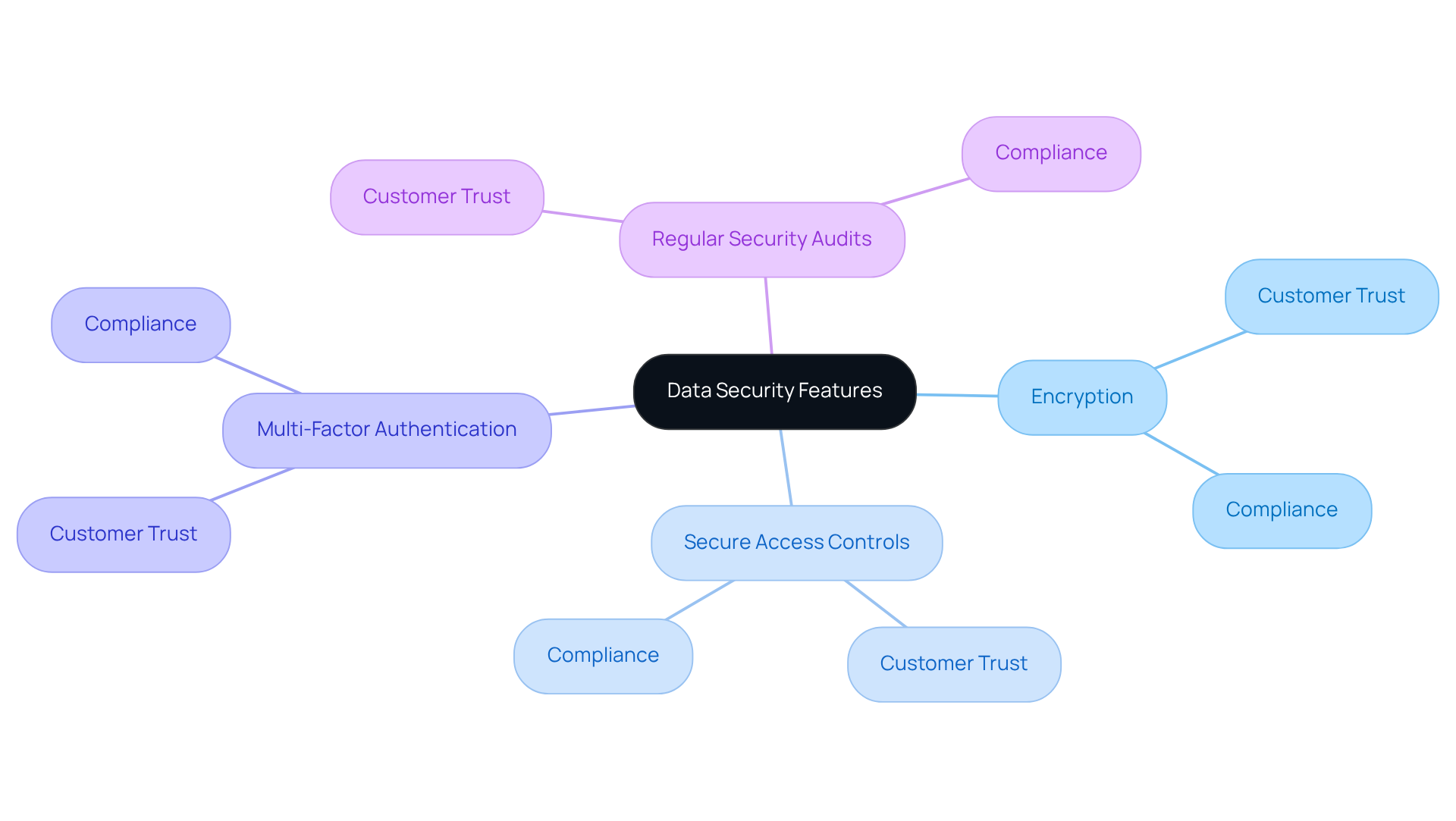 Start with the central idea of data security, then explore how each feature contributes to protecting customer data and building trust. The branches represent different security measures, illustrating their importance in maintaining customer relationships.