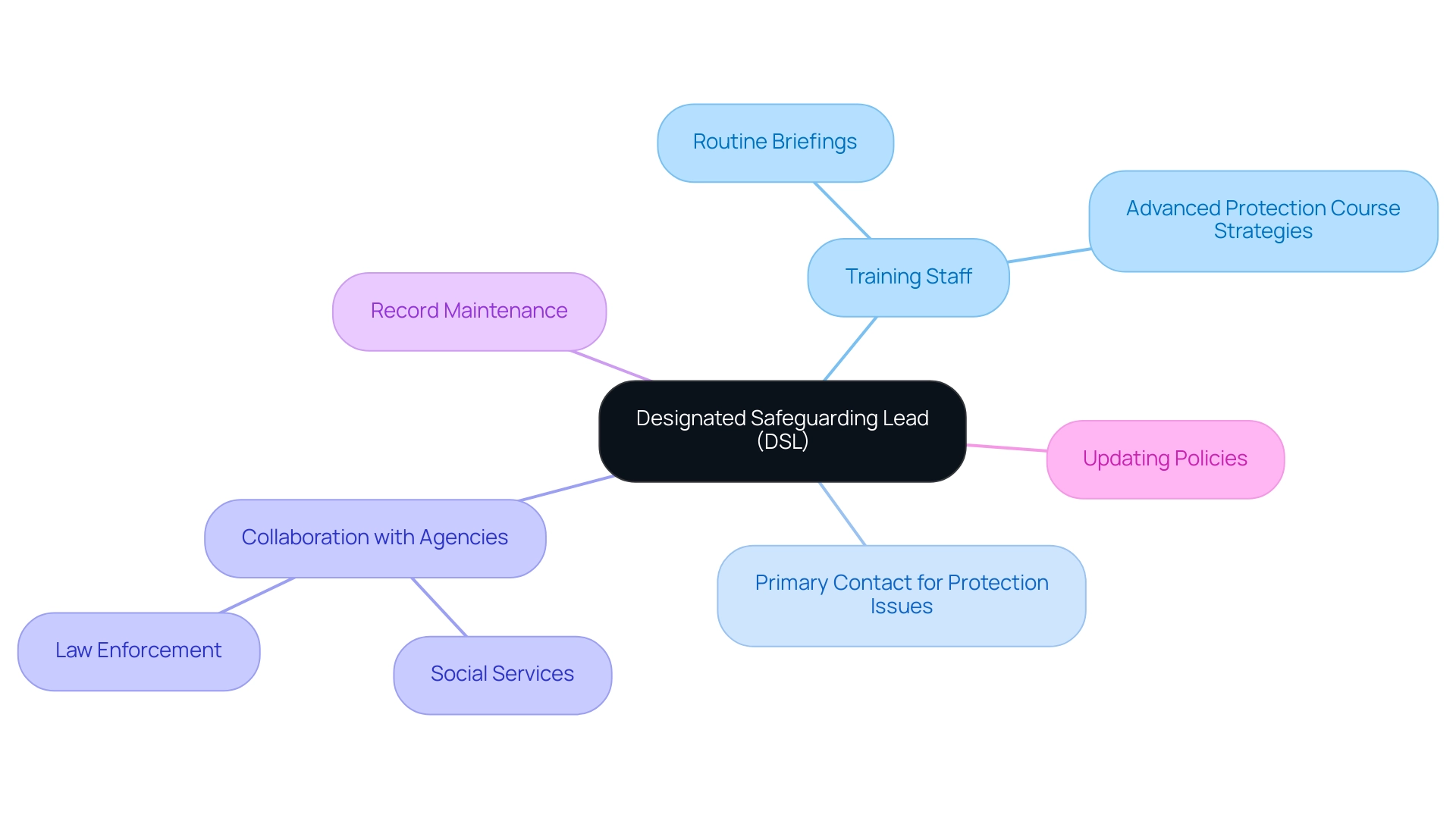 The central node represents the DSL's role, with branches illustrating specific responsibilities and strategies, color-coded for clarity.