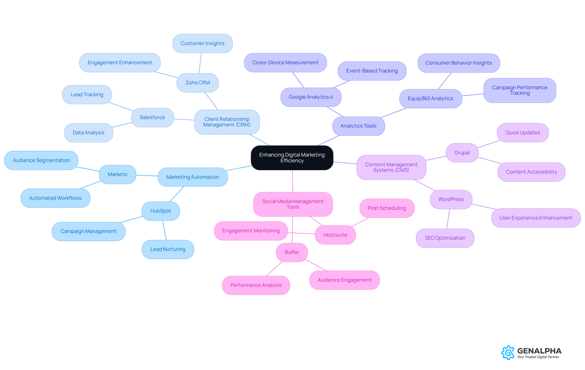 The central node represents the main goal of improving digital marketing efficiency. Each branch shows a strategy, and the sub-branches detail specific tools and their benefits. This layout helps you see how different technologies can work together to streamline your marketing efforts. The central node represents the main goal of improving digital marketing efficiency. Each branch shows a strategy, and the sub-branches detail specific tools and their benefits. This layout helps you see how different technologies can work together to streamline your marketing efforts.