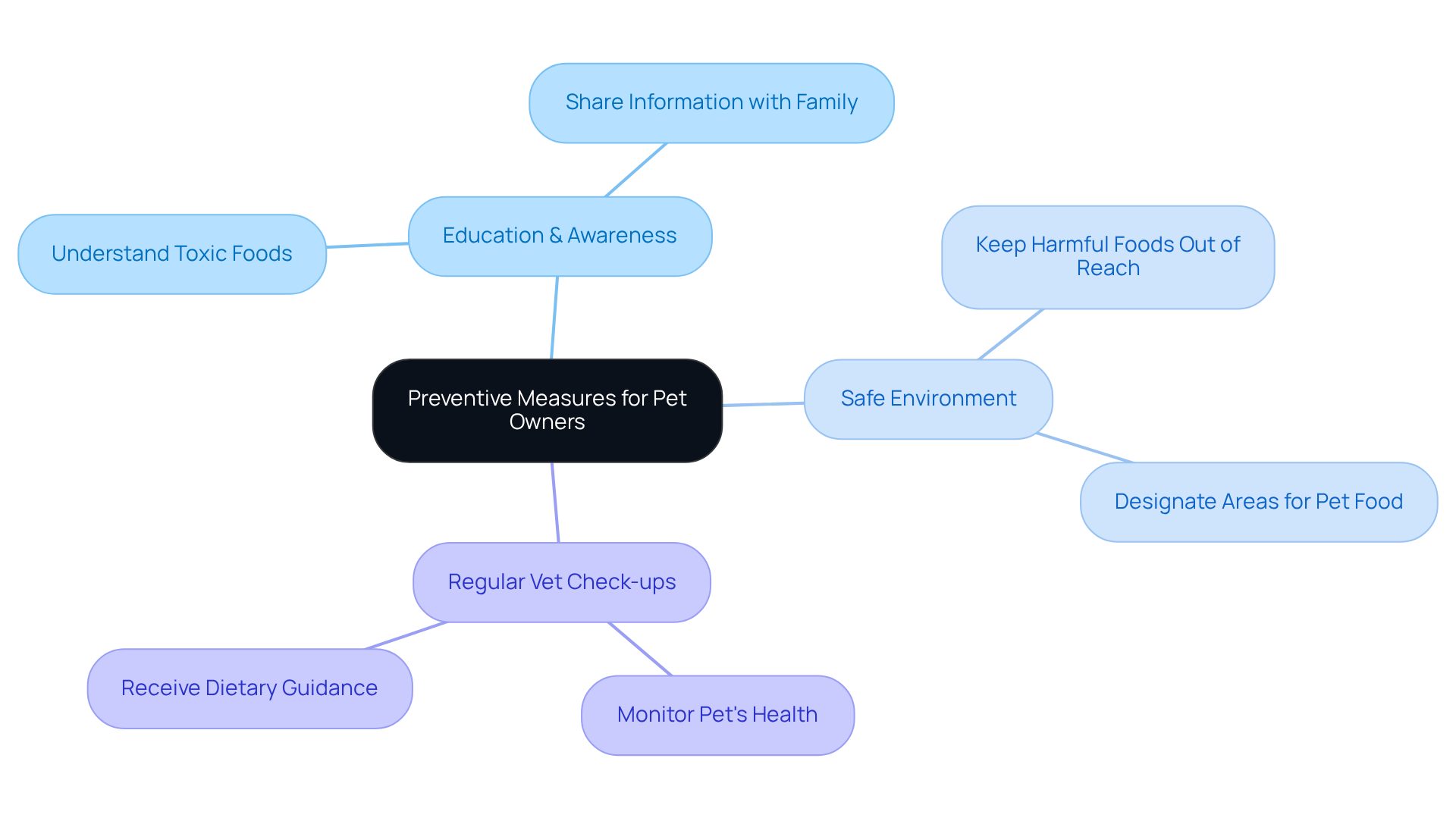The center node highlights the main topic, while branches detail specific steps pet owners can take to keep their pets safe. Follow the branches to explore each area and its related actions.