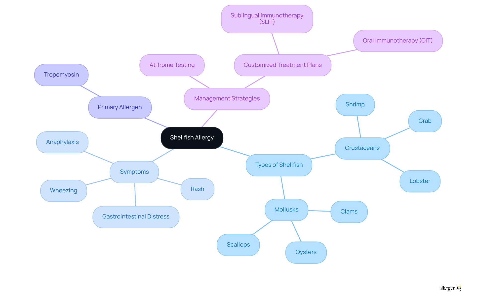 The central node represents the main topic of shellfish allergies. Each branch explores different aspects, such as types of shellfish, symptoms, and management strategies. Follow the branches to see how these elements connect and relate to one another.