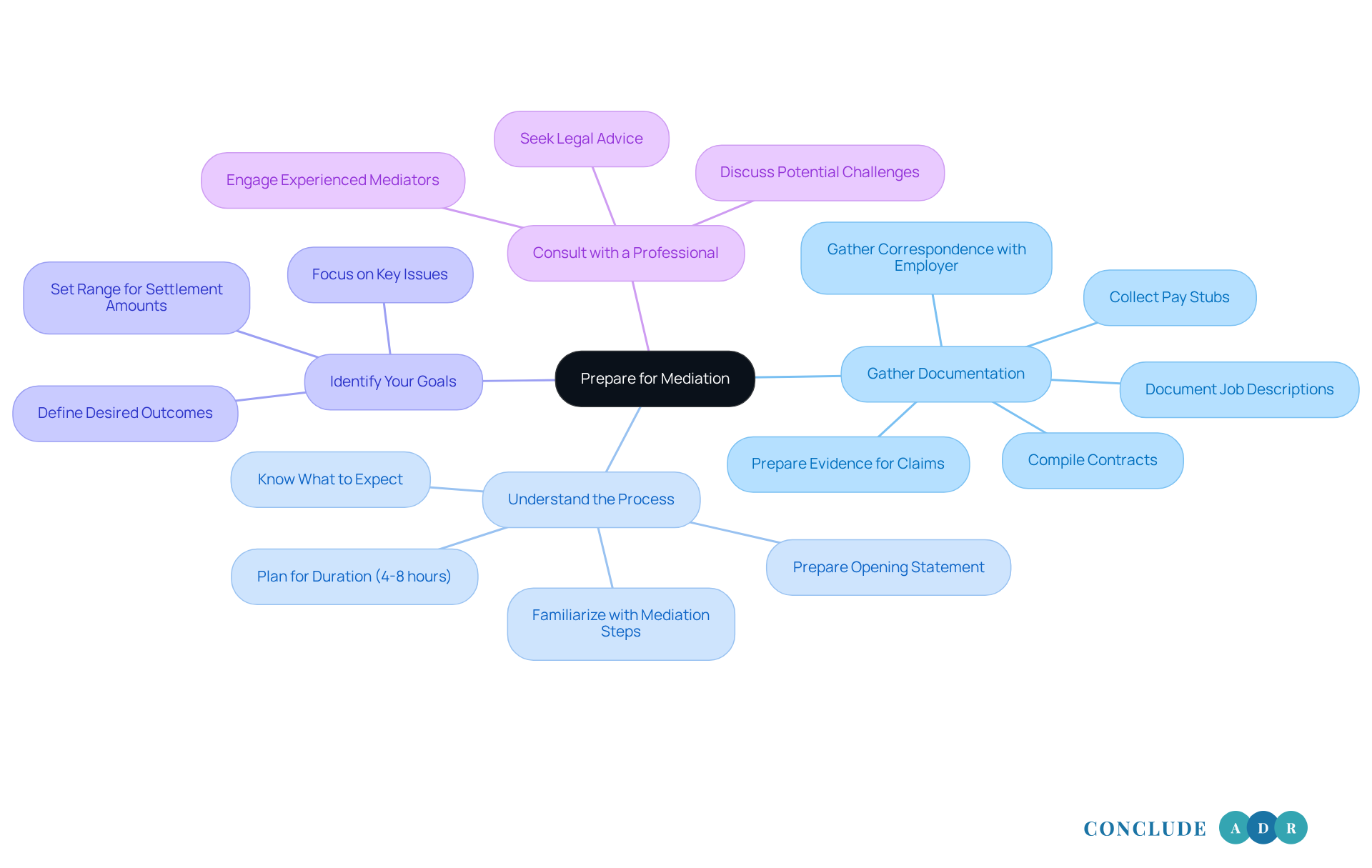 Start at the center with the main topic of mediation preparation, then follow the branches to explore each critical step and its specific actions.