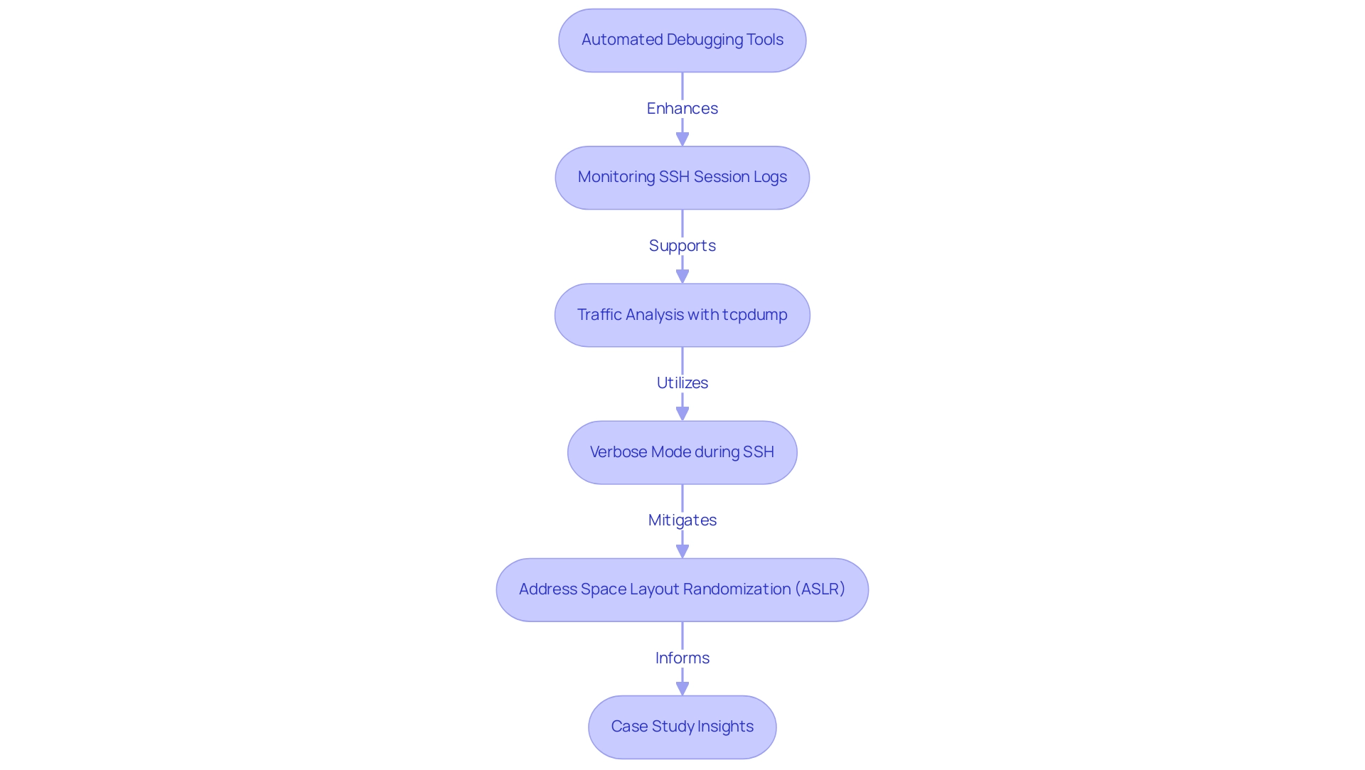 Each box represents a specific debugging technique or step, with arrows indicating the flow of processes in enhancing network security.