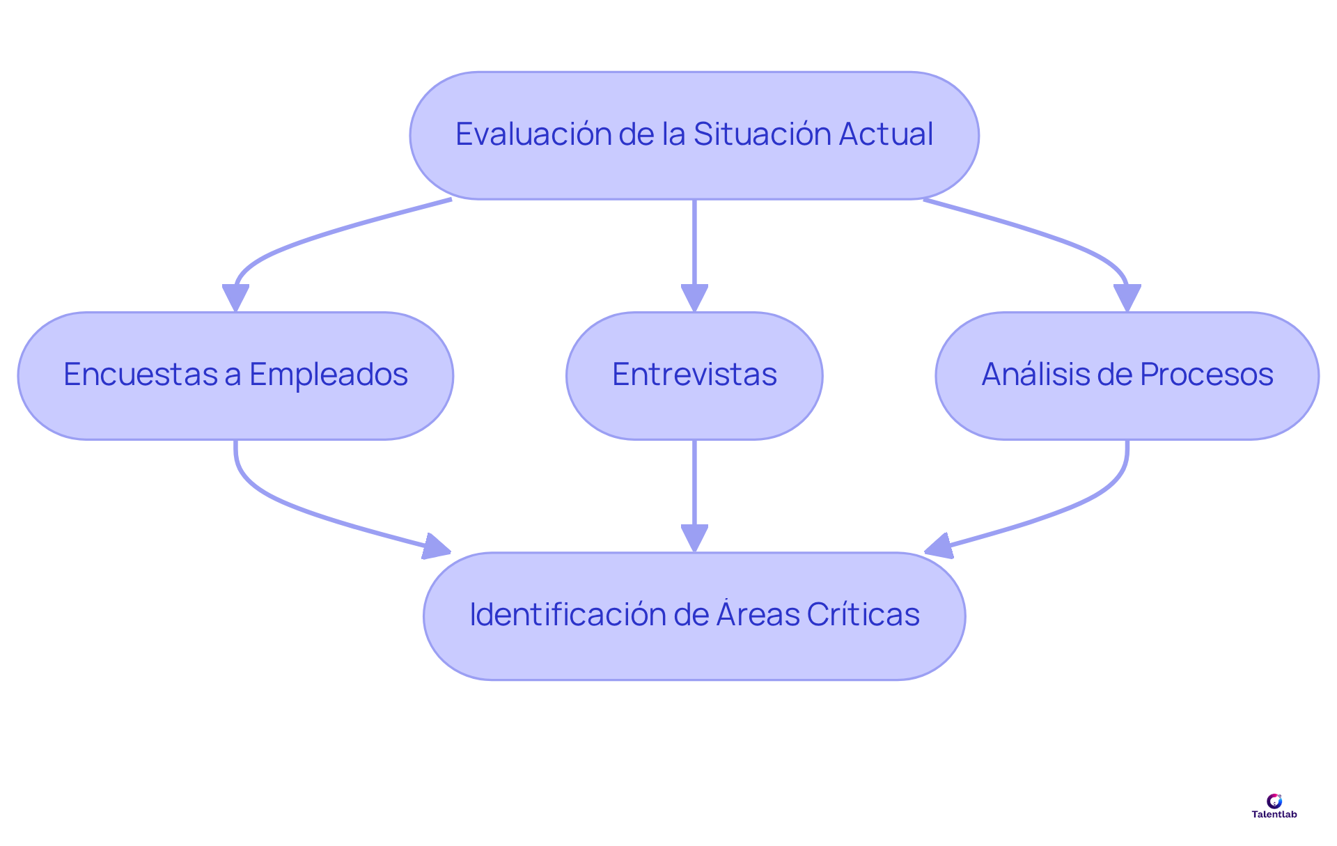 Cada cuadro representa un paso en el proceso de evaluación. Sigue las flechas para ver cómo cada actividad se conecta y contribuye a identificar áreas críticas para la transformación organizacional.