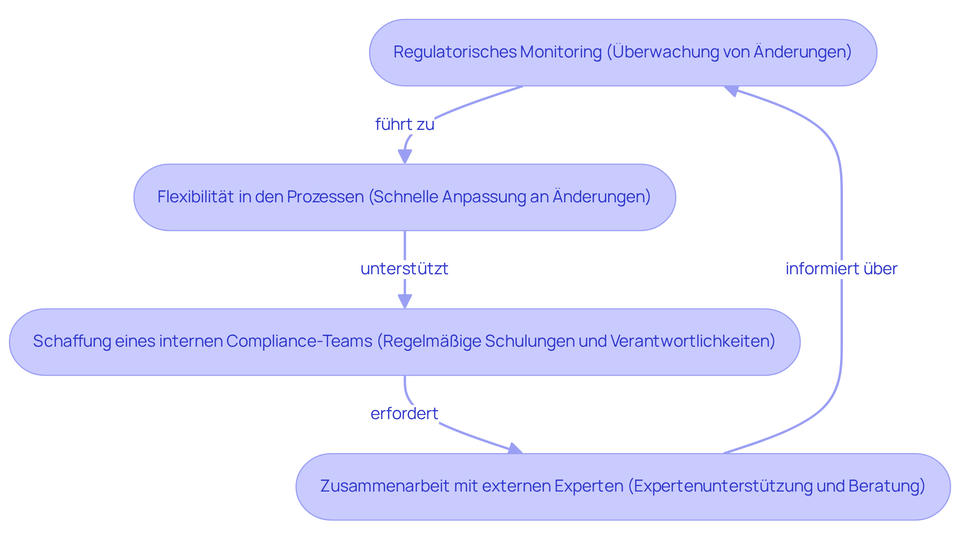 Jedes Kästchen zeigt eine Strategie, die Unternehmen helfen kann, sich an neue Vorschriften anzupassen. Die Pfeile zeigen, wie diese Strategien miteinander verbunden sind und in welcher Reihenfolge sie umgesetzt werden sollten.