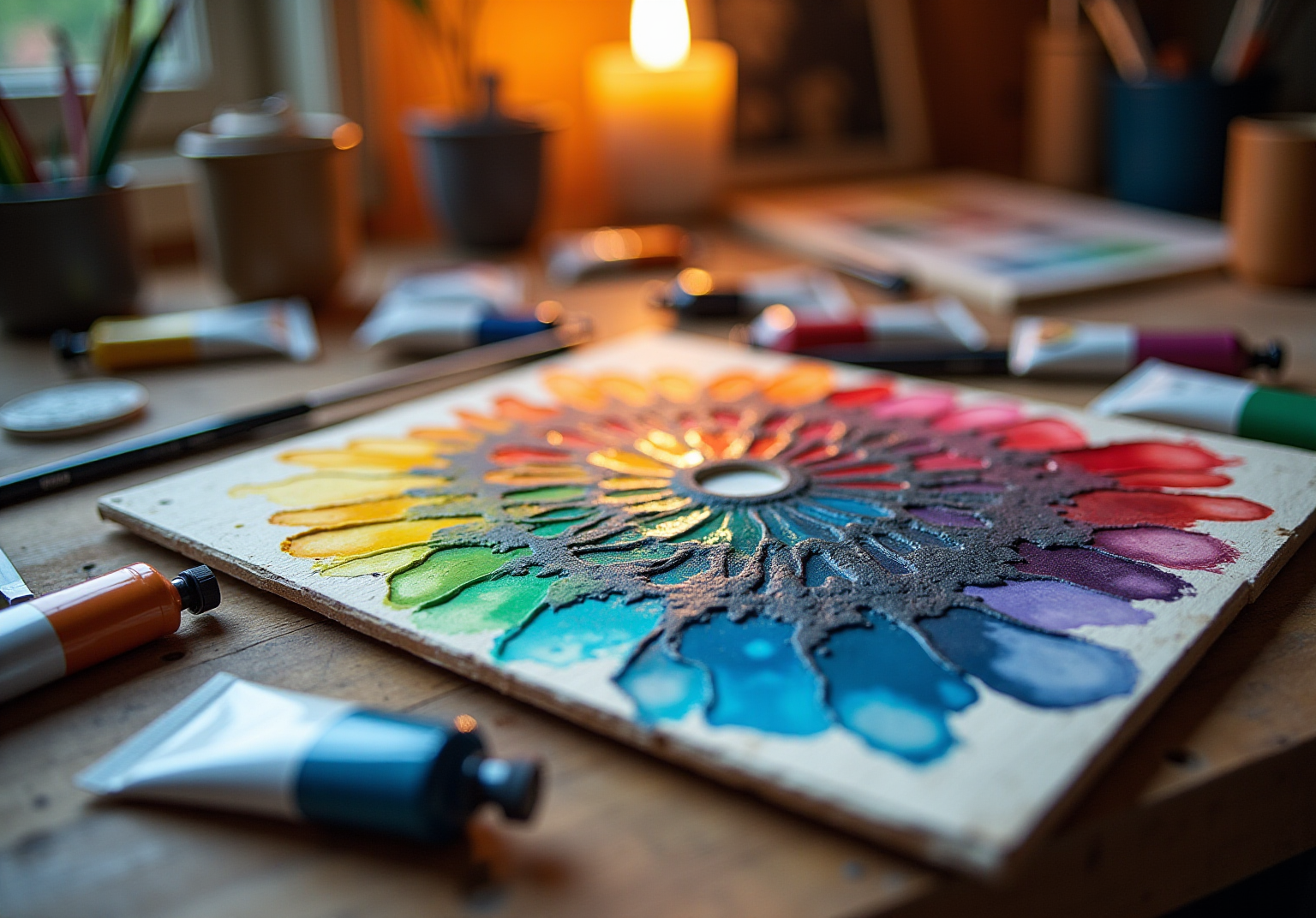 Vibrant Watercolor Palette in an Artist's Studio Vibrant Watercolor Palette in an Artist's Studio
